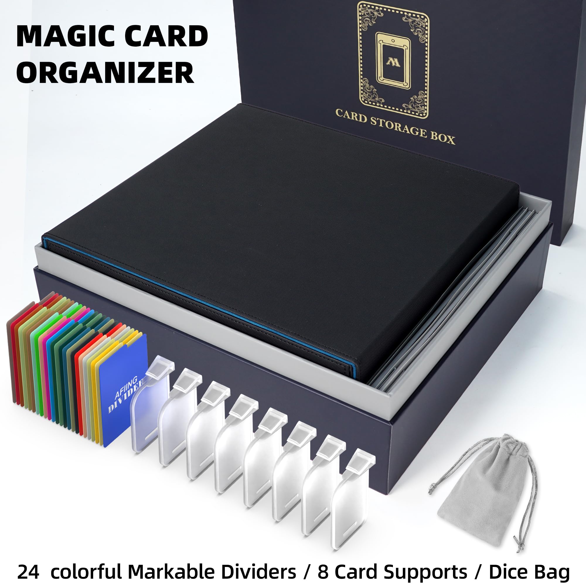 AFIING Trading Card Storage Box 6000+ Capacity – DIY Toploader Case w/ 24 Dividers & 8 Supports, Fits 3x4 Rigid Card, Deck Box for MTG TCG Sports Cards– Black & Blue