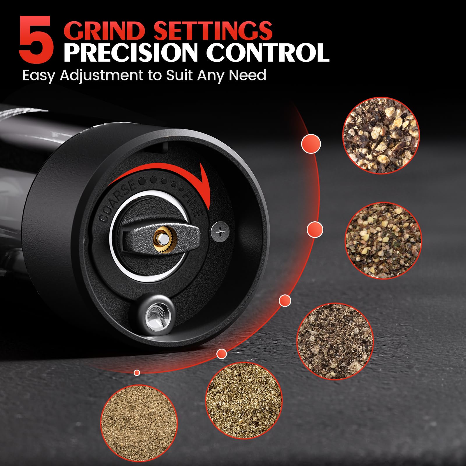 Electric Salt and Pepper Grinder Set Automatic Battery Pepper Mill Shakers Adjustable Coarseness Easy Filling Upgraded Larger Capacity with Led (2 Pack Black/Black)