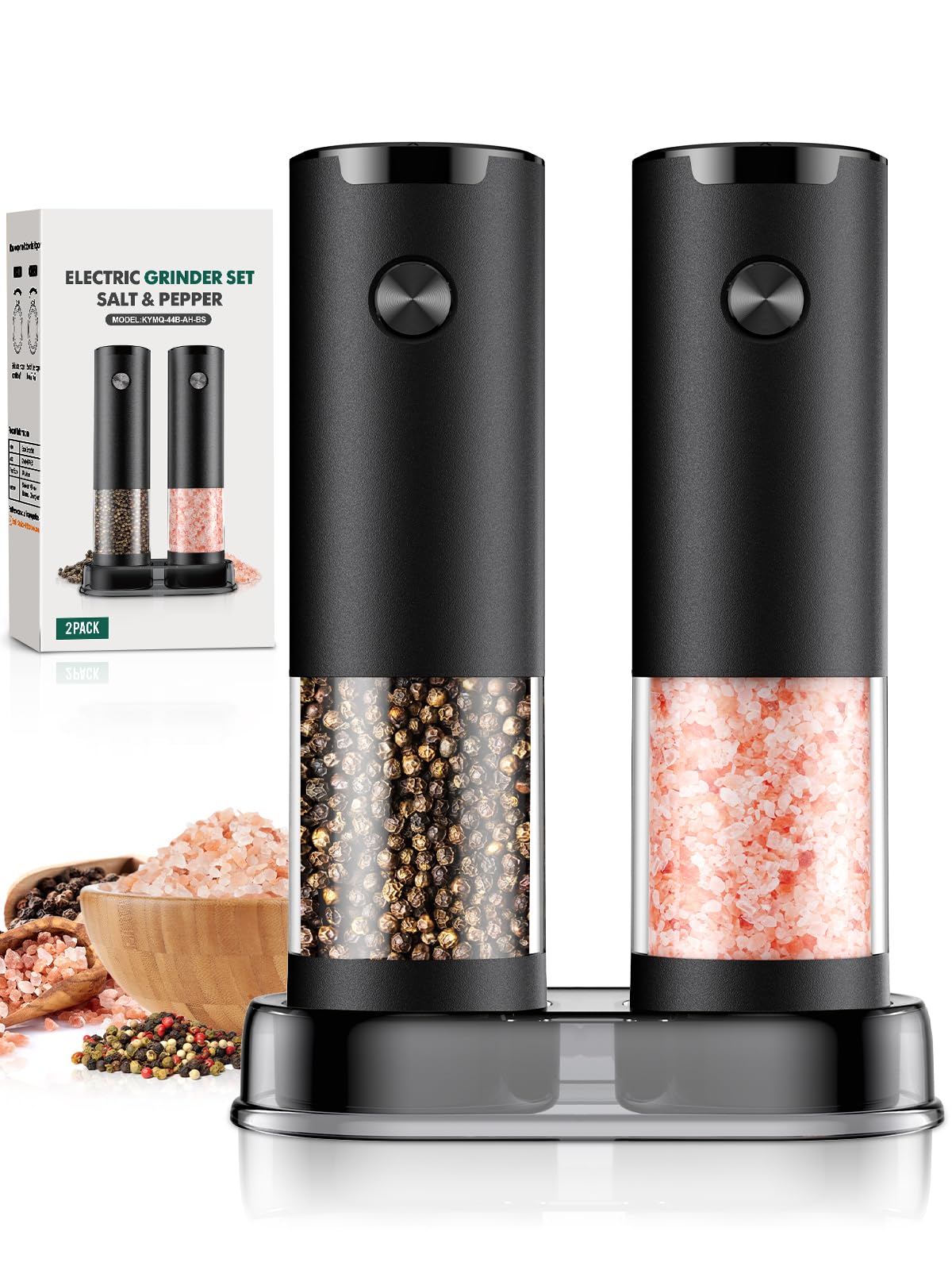 Electric Salt and Pepper Grinder Set Automatic Battery Pepper Mill Shakers Adjustable Coarseness Easy Filling Upgraded Larger Capacity with Led (2 Pack Black/Blackļ¼