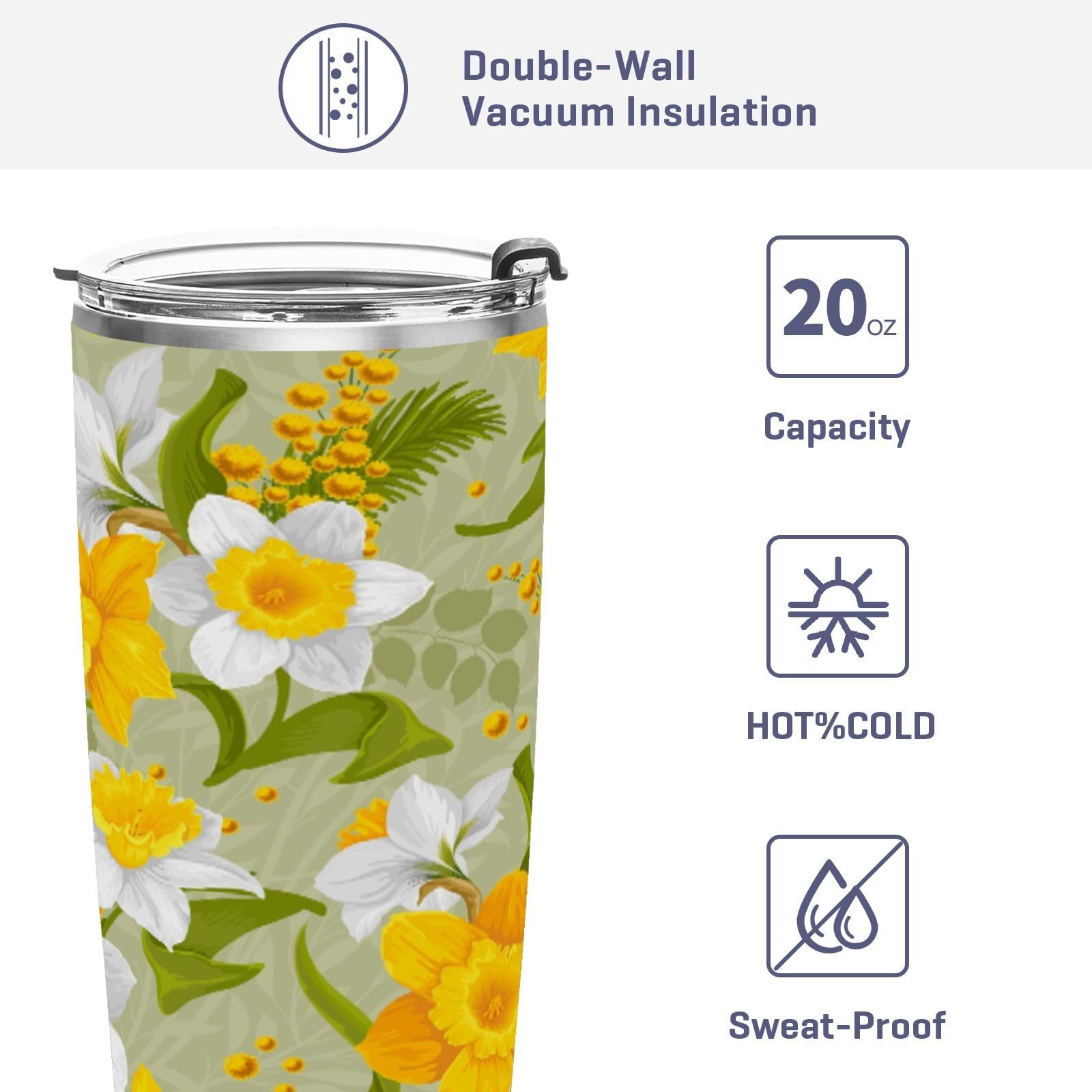 Blueangle 20oz Tumbler with Lid and Straw, Stainless Steel Vacuum Insulated Water Coffee Tumbler Cup, Daffodils Travel Mug Thermal Cup for Hot and Cold Drinks(230)