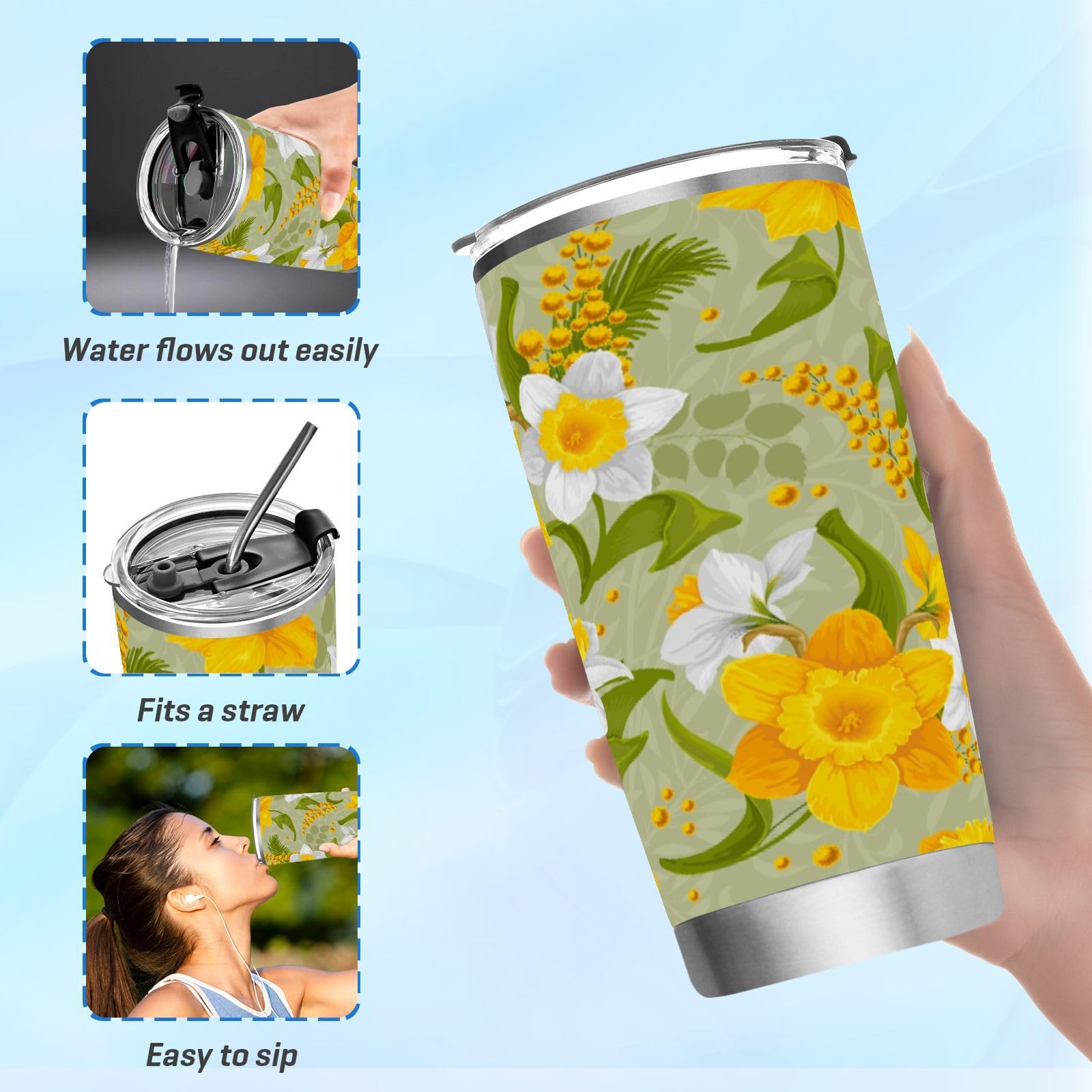 Blueangle 20oz Tumbler with Lid and Straw, Stainless Steel Vacuum Insulated Water Coffee Tumbler Cup, Daffodils Travel Mug Thermal Cup for Hot and Cold Drinks(230)