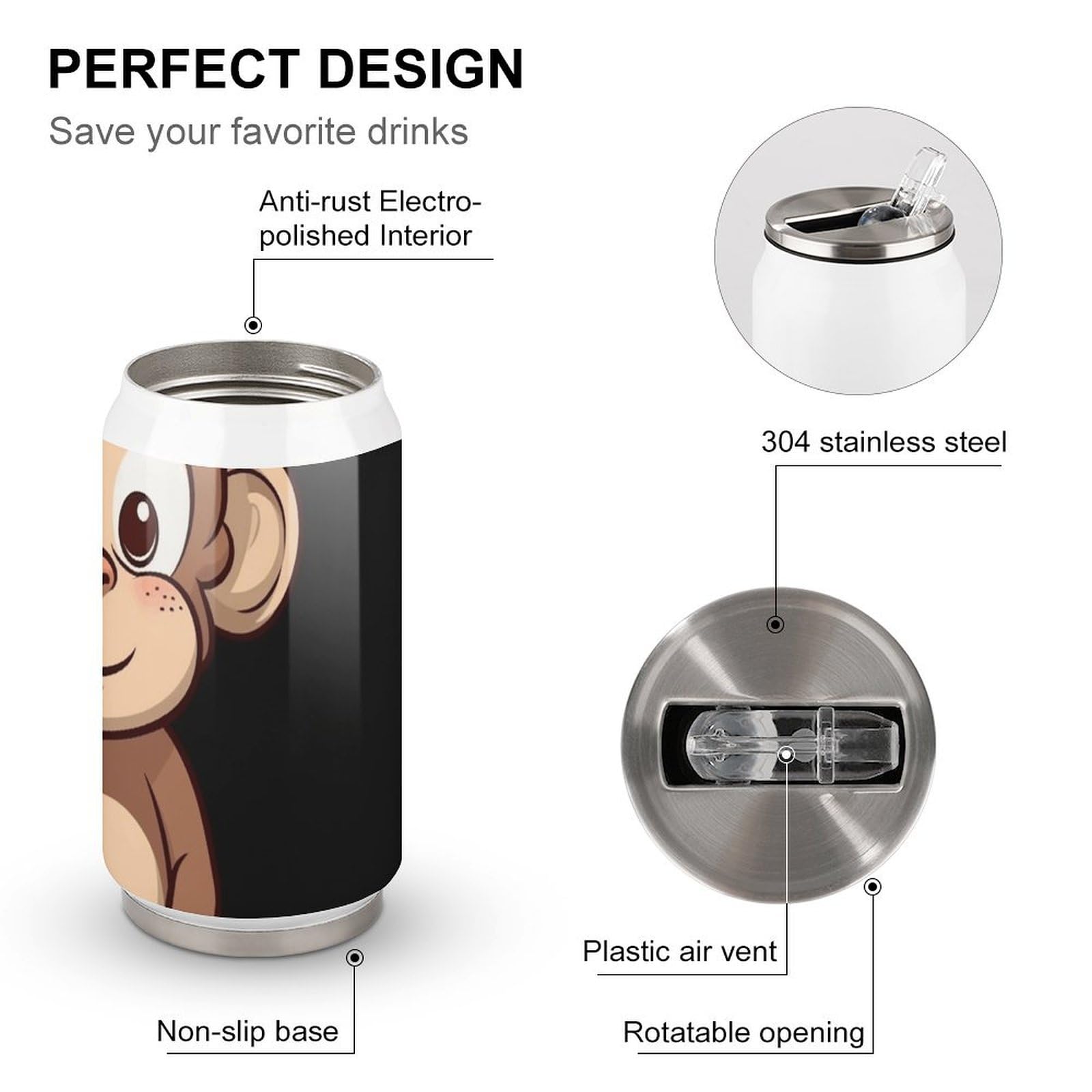 10 Oz Cartoon Brown Monkey Printed Drink Cup, Vacuum Insulated Thermos Cup with Straw Lid,Stainless Steel Travel Mug for Home Outdoor