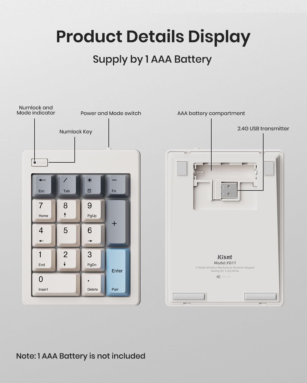 Kisnt Wireless Mechanical Number Pad, Bluetooth 5.0&2.4G Wireless Dual Mode Hot Swappable Numeric Keypad,17 Keys Gasket Numpad, Ten-Key with PBT Keycaps for Laptop/PC/TKL Keyboards(Linear Switch)