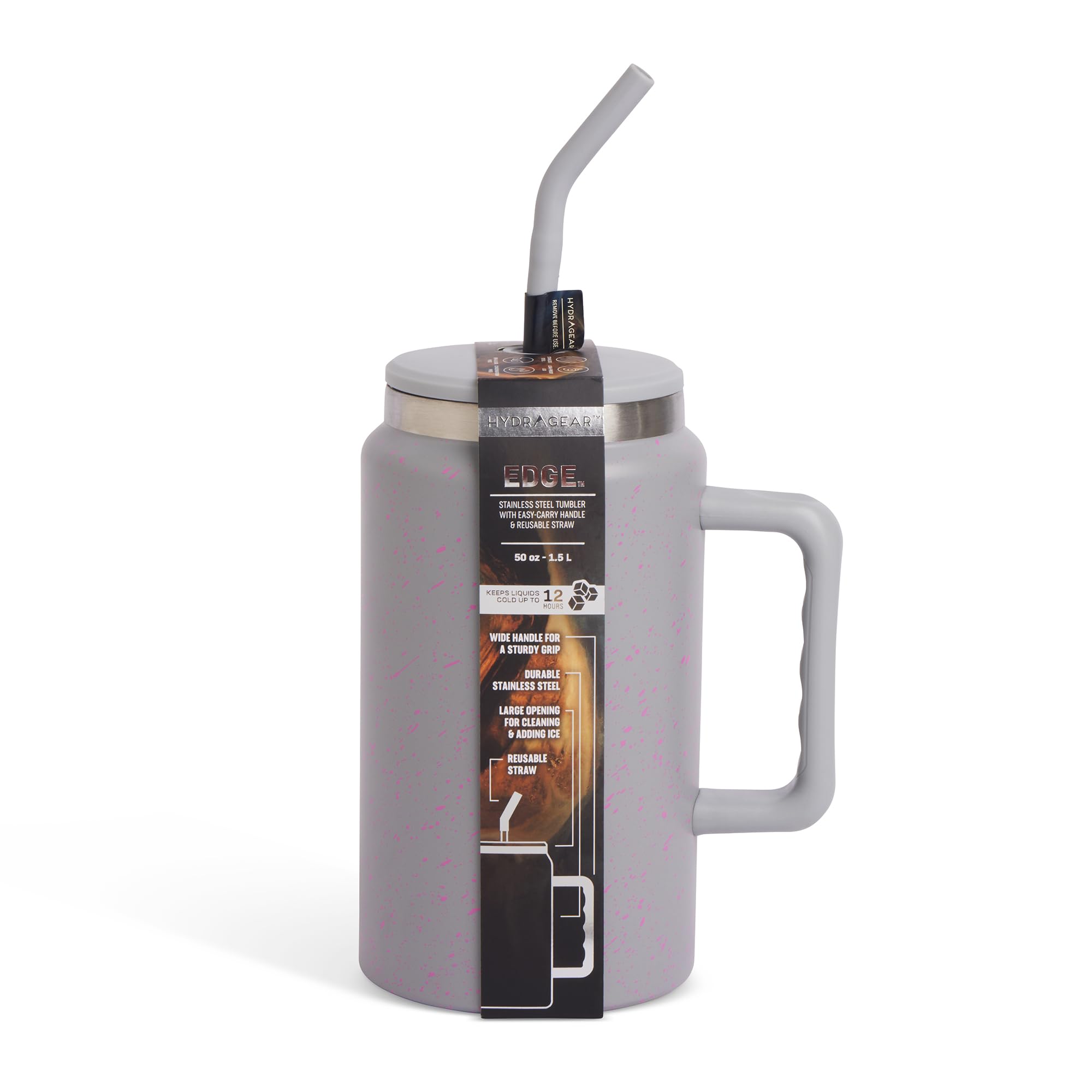 Hydragear Edge Stainless Steel Tumbler with Easy-Carry Handle and Resudable Metal Straw - 50 Oz - Overcast Speckle