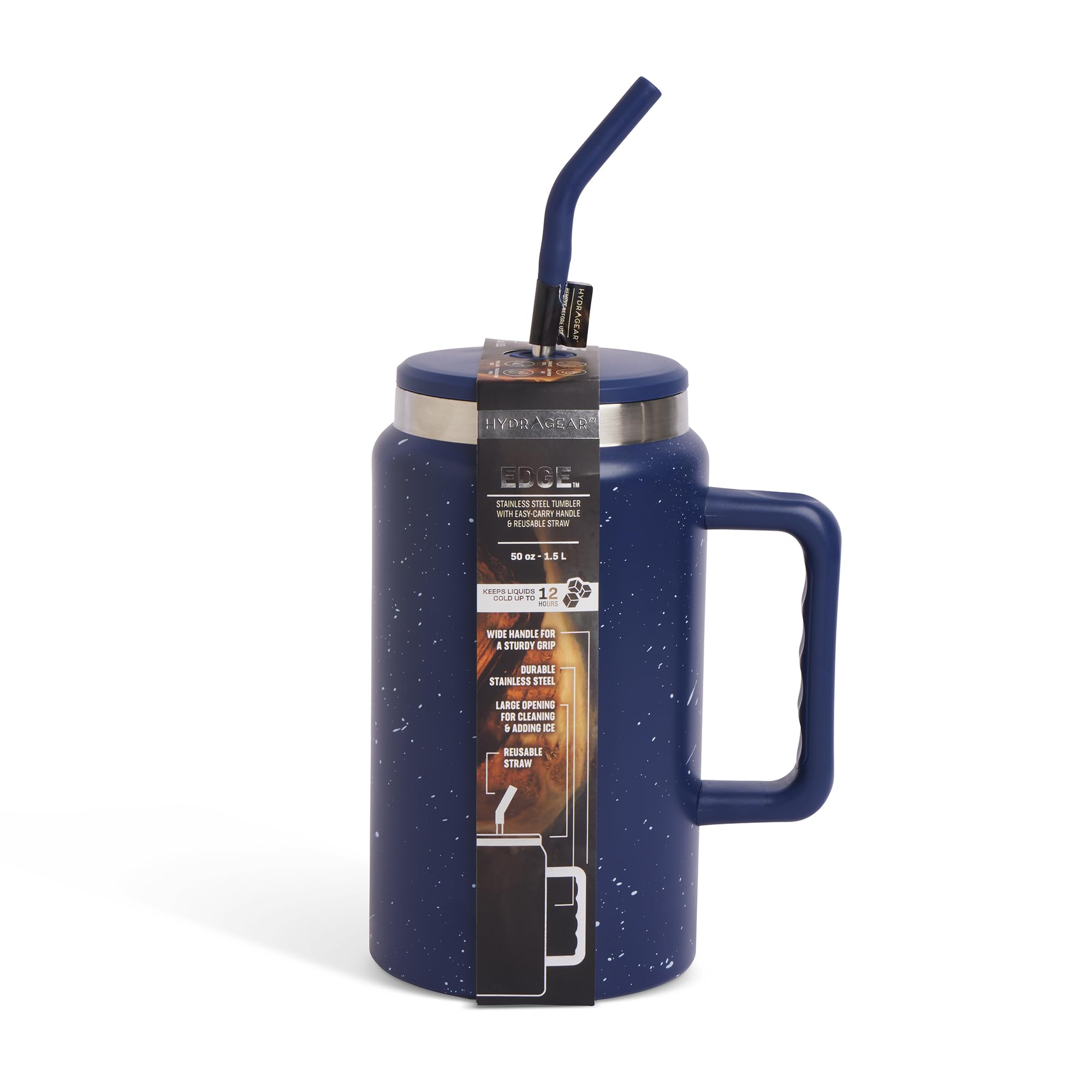 Hydragear Edge Stainless Steel Tumbler with Easy-Carry Handle and Resudable Metal Straw - 50 Oz - Planetarium Speckle
