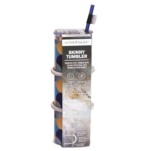 Hydragear Skinny Stainless Steel Insulated Tumbler with Splash-Proof Dual Lid & Braided Elastic Handle - 30 Oz - Geo Print
