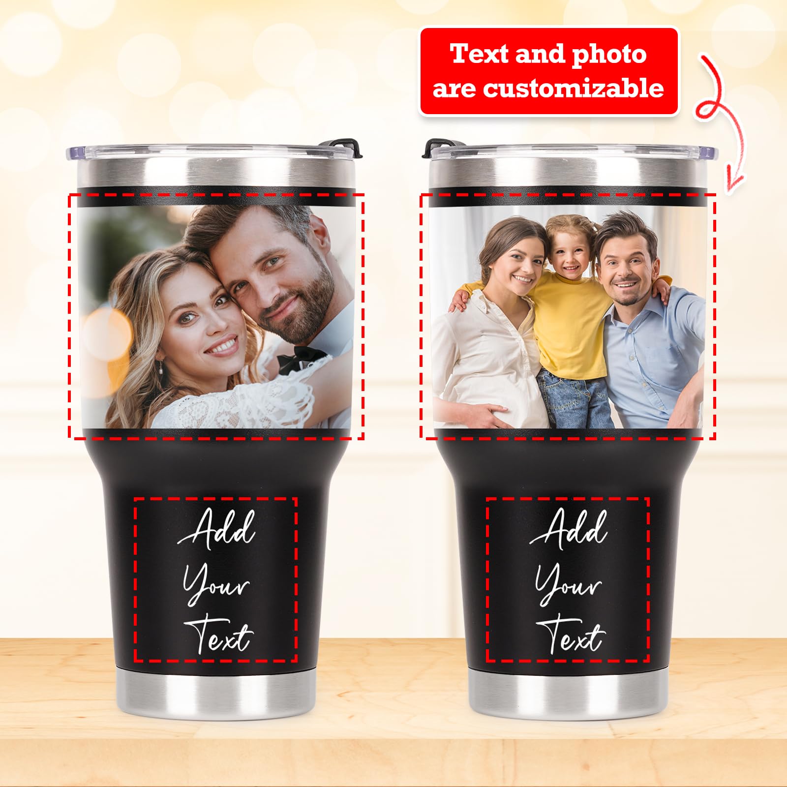 Customizedbee Personalized Tumbler with Picture Text Name Logo, 30oz Stainless Steel Custom Coffee Mug cup with Lid Straw, Anniversary Wedding Thanksgiving Christmas Birthday Gifts for Women Men Kid