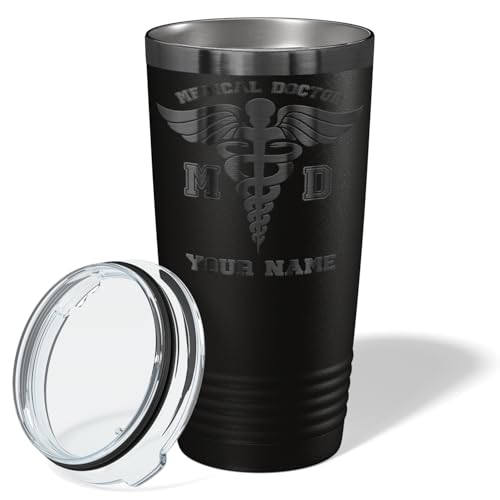 Personalized MD Medical Doctor Gift on Black with Ion Ghost Black Design 20 oz Stainless Steel Tumbler with Lid - Insulated Cup - Custom Travel Mug