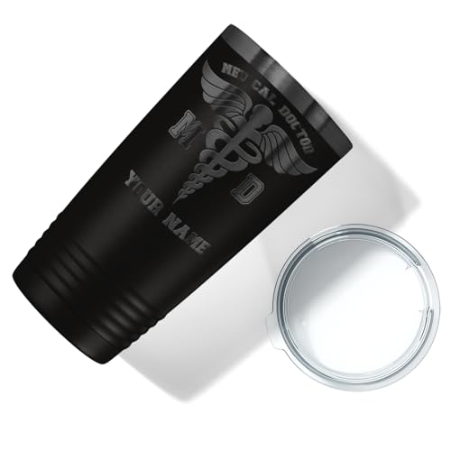 Personalized MD Medical Doctor Gift on Black with Ion Ghost Black Design 20 oz Stainless Steel Tumbler with Lid - Insulated Cup - Custom Travel Mug