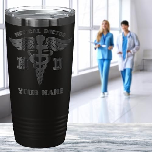 Personalized MD Medical Doctor Gift on Black with Ion Ghost Black Design 20 oz Stainless Steel Tumbler with Lid - Insulated Cup - Custom Travel Mug