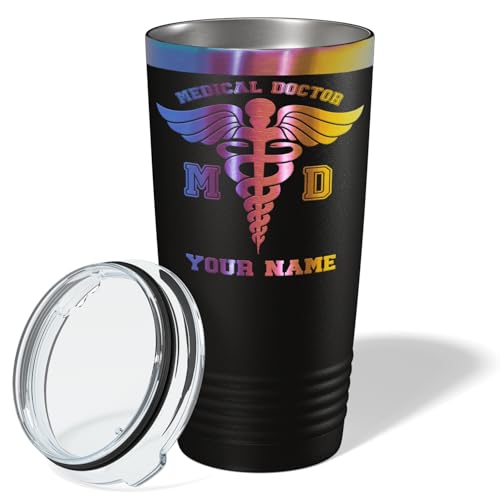 Personalized MD Medical Doctor Gift on Black with Ion Prism Design 20 oz Stainless Steel Tumbler with Lid - Insulated Cup - Custom Travel Mug