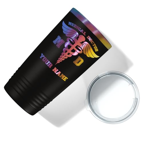 Personalized MD Medical Doctor Gift on Black with Ion Prism Design 20 oz Stainless Steel Tumbler with Lid - Insulated Cup - Custom Travel Mug