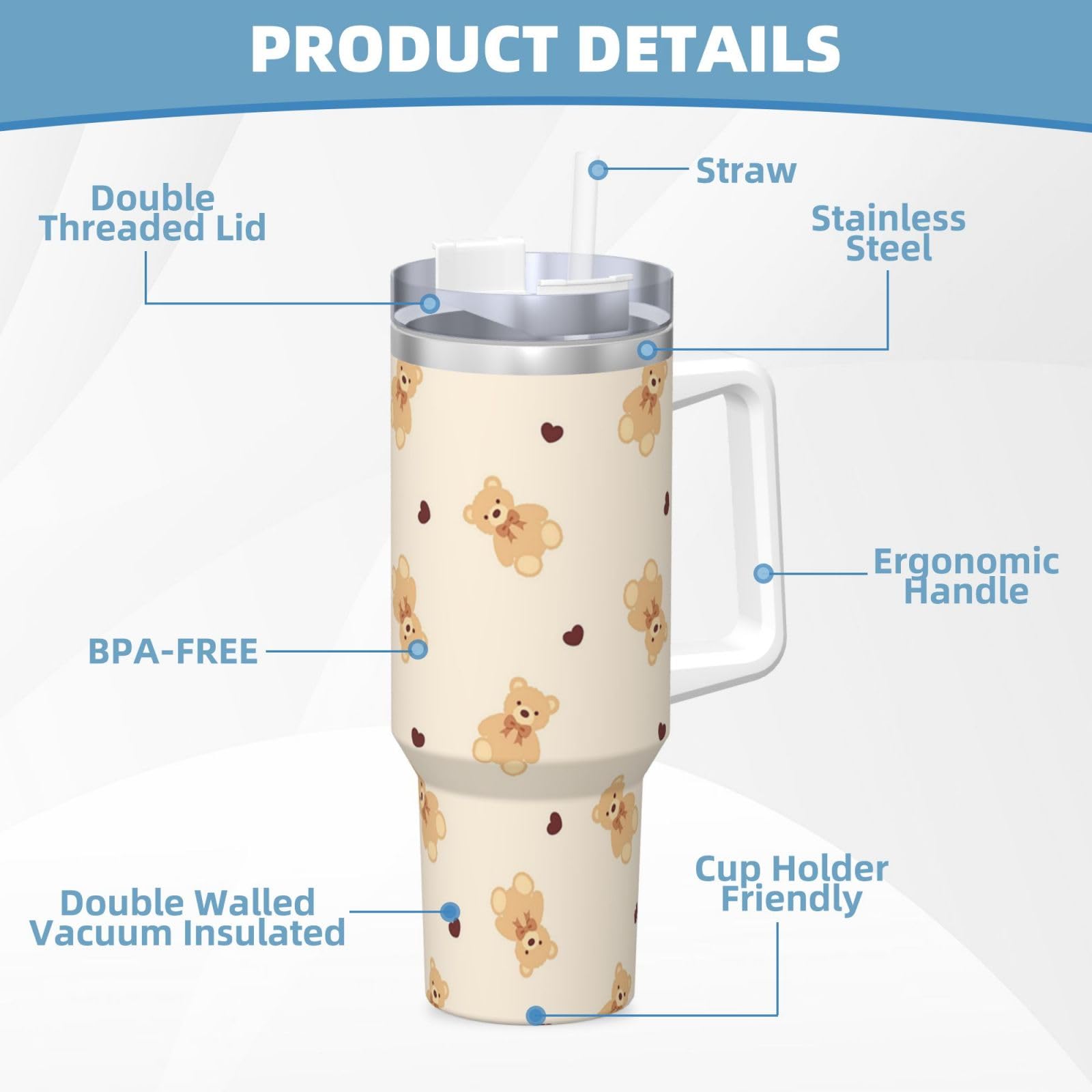 Teddy Bears Hearts 40oz Tumbler With Handle And Straw Insulated Tumblers Leak Proof Double Walled Stainless Steel Travel Mug pattern73