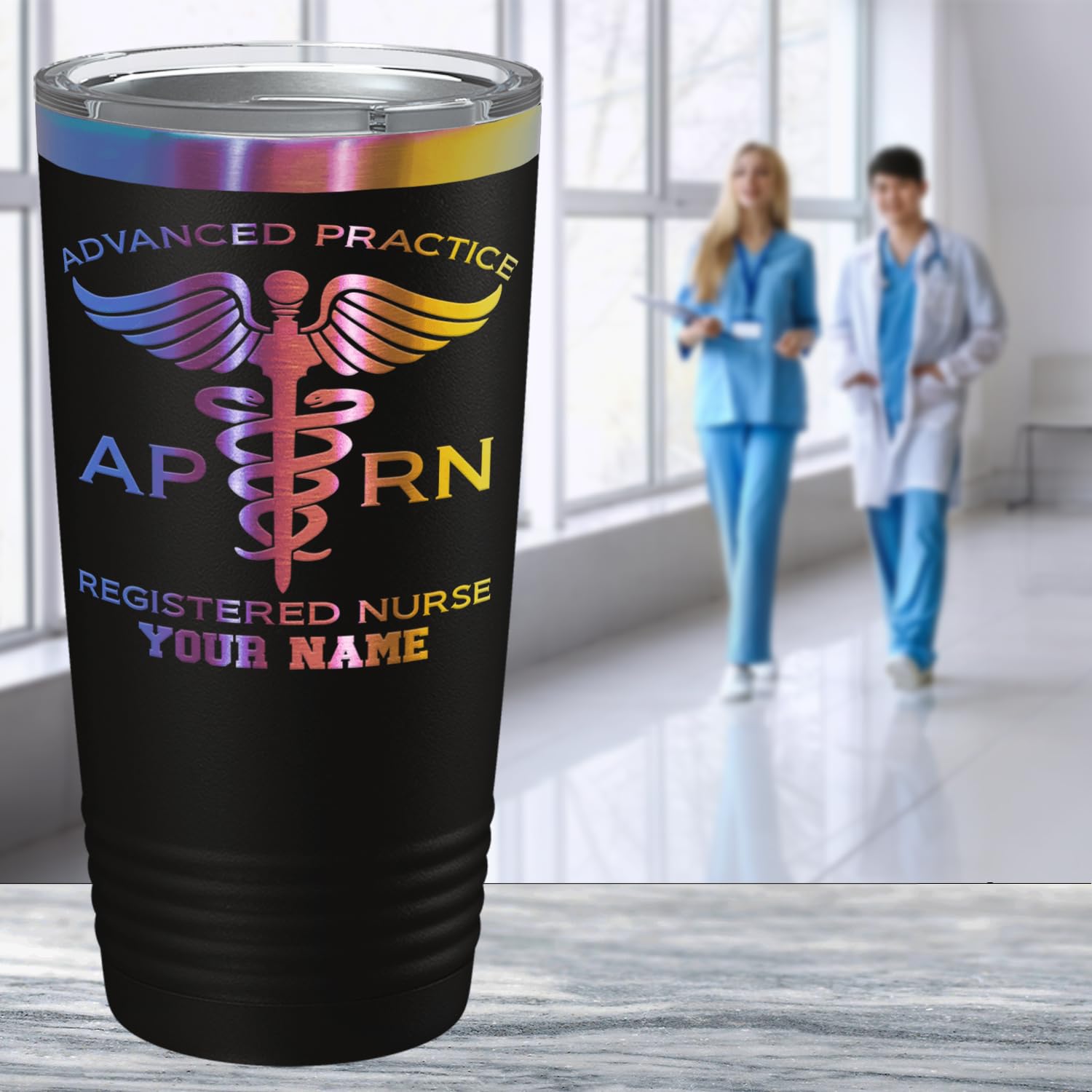 Personalized APRN Advanced Practice Registered Nurse on Black with Ion Prism Design 20 oz Stainless Steel Tumbler with Lid - Insulated Cup - Custom Travel Mug