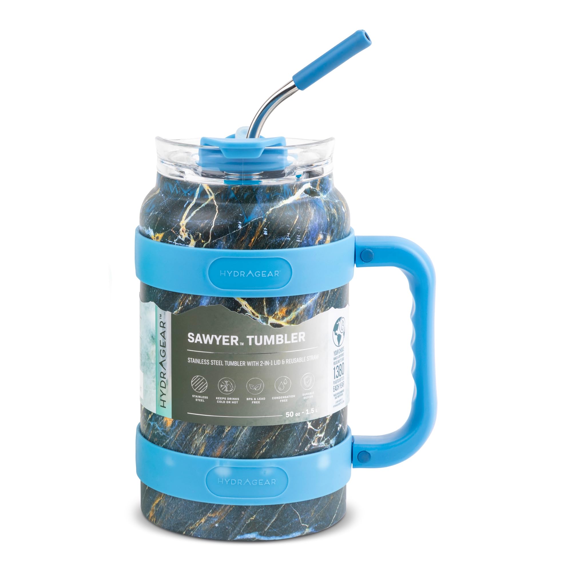 Hydragear Sawyer Stainless Steel Tumbler with 2-in-1 Lid and Reusable Metal Straw - 50 Oz - Royal Ribbon