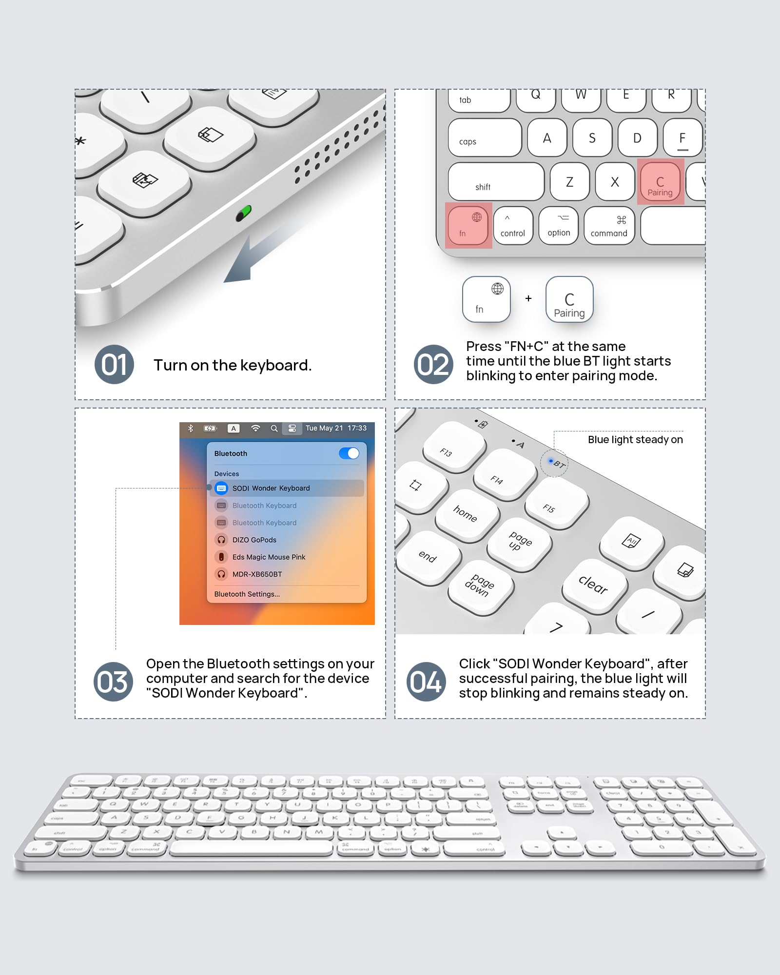 SODI Wireless Keyboard for Mac with Numeric Keypad, Backlit, Wireless, Rechargeable, Programmable Keys. Compatible with MacBook Pro/Air, iMac, Mac Mini/Pro, iPad, iPhone, US English, White