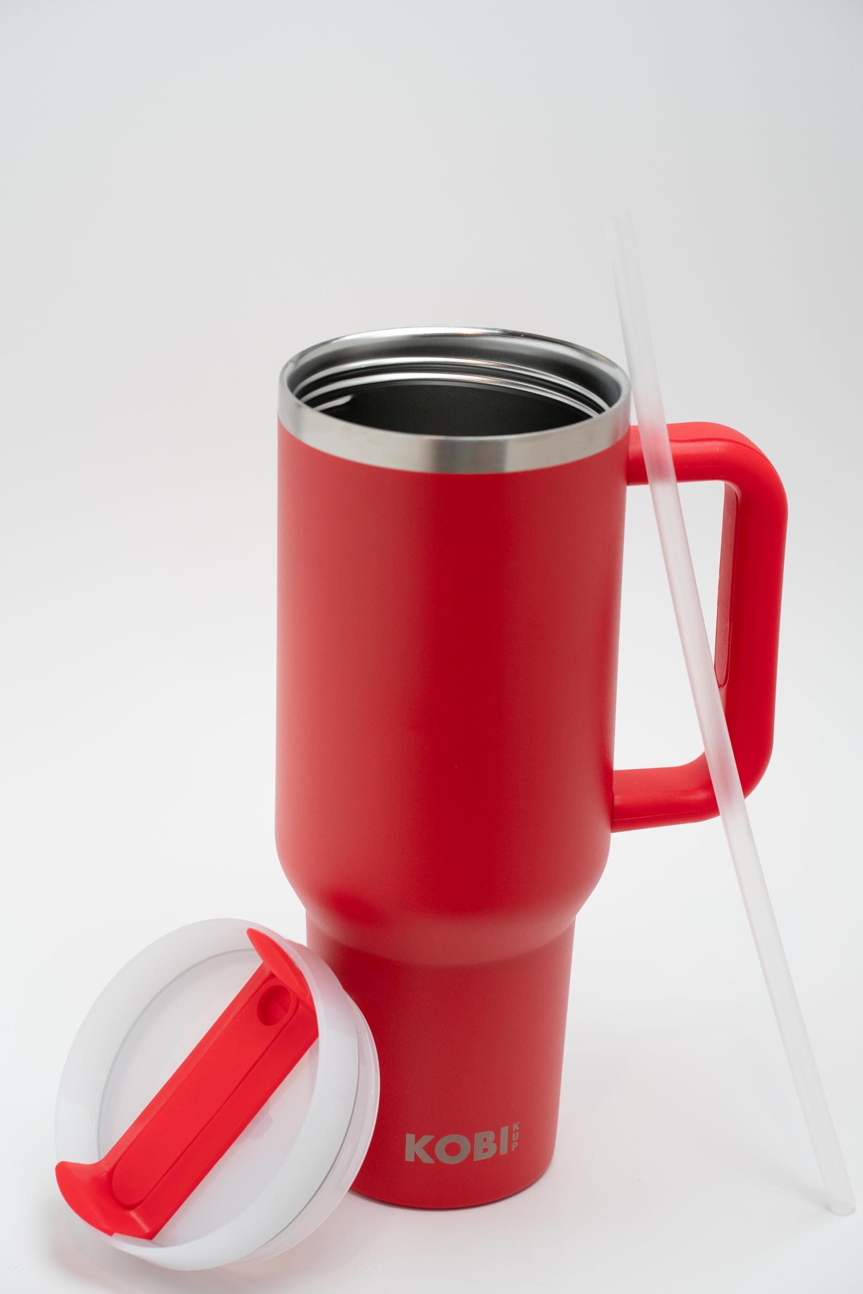 KOBI KUP Spill Proof 40oz Stainless Steel Double Wall Vacuum Insulated Tumbler with Handle, Straw Lid and Straw-RED