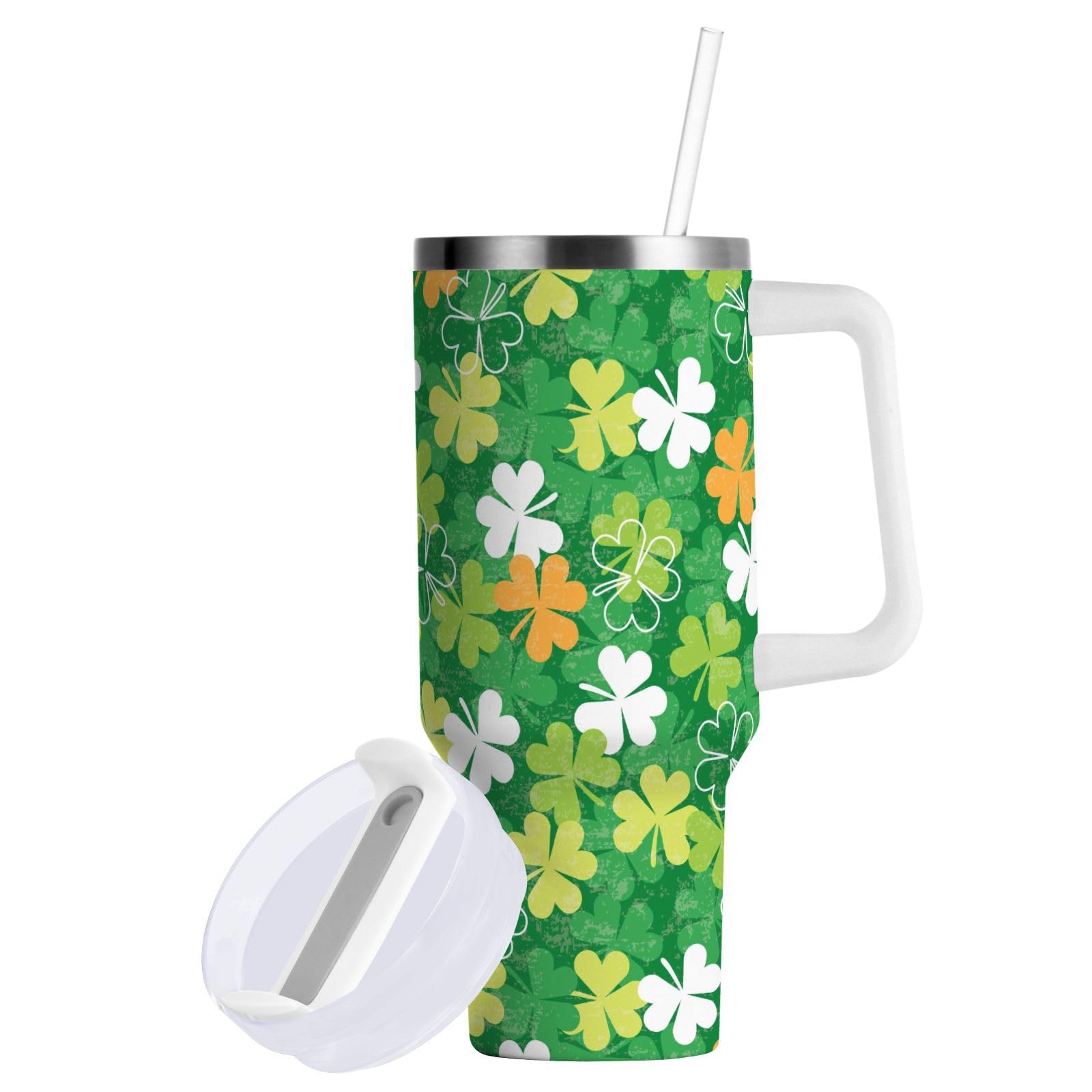 Bseiialft 40 oz Tumbler with Handle St Patrick's Day Shamrock Clovers Water Bottle with Lid and Straw Vacuum Insulated Cup Stainless Steel Travel Coffee Mug for Home Office Car