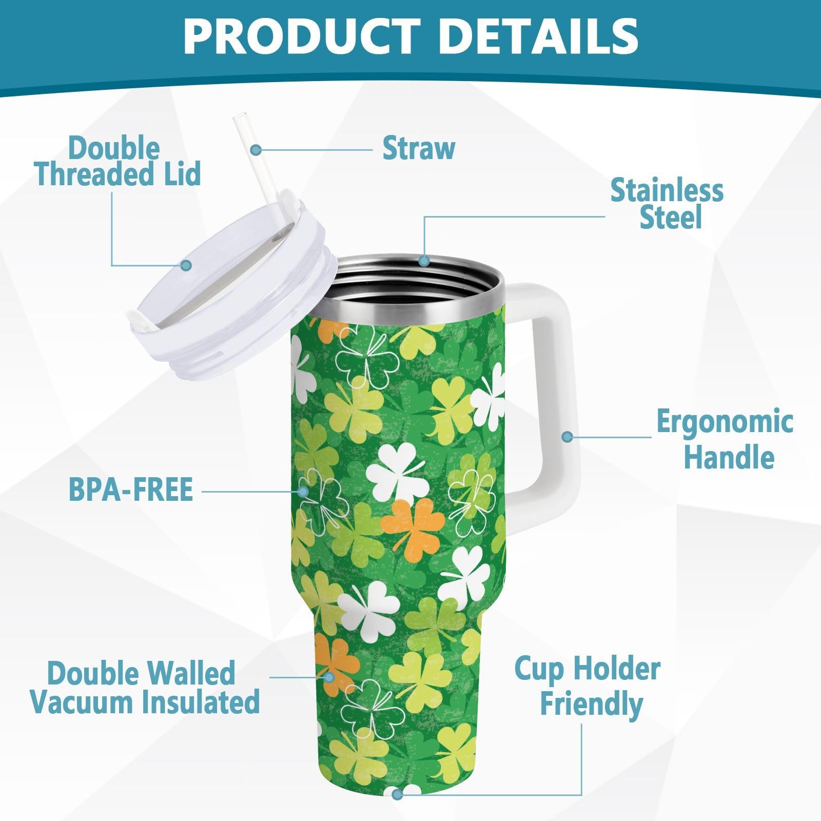 Bseiialft 40 oz Tumbler with Handle St Patrick's Day Shamrock Clovers Water Bottle with Lid and Straw Vacuum Insulated Cup Stainless Steel Travel Coffee Mug for Home Office Car