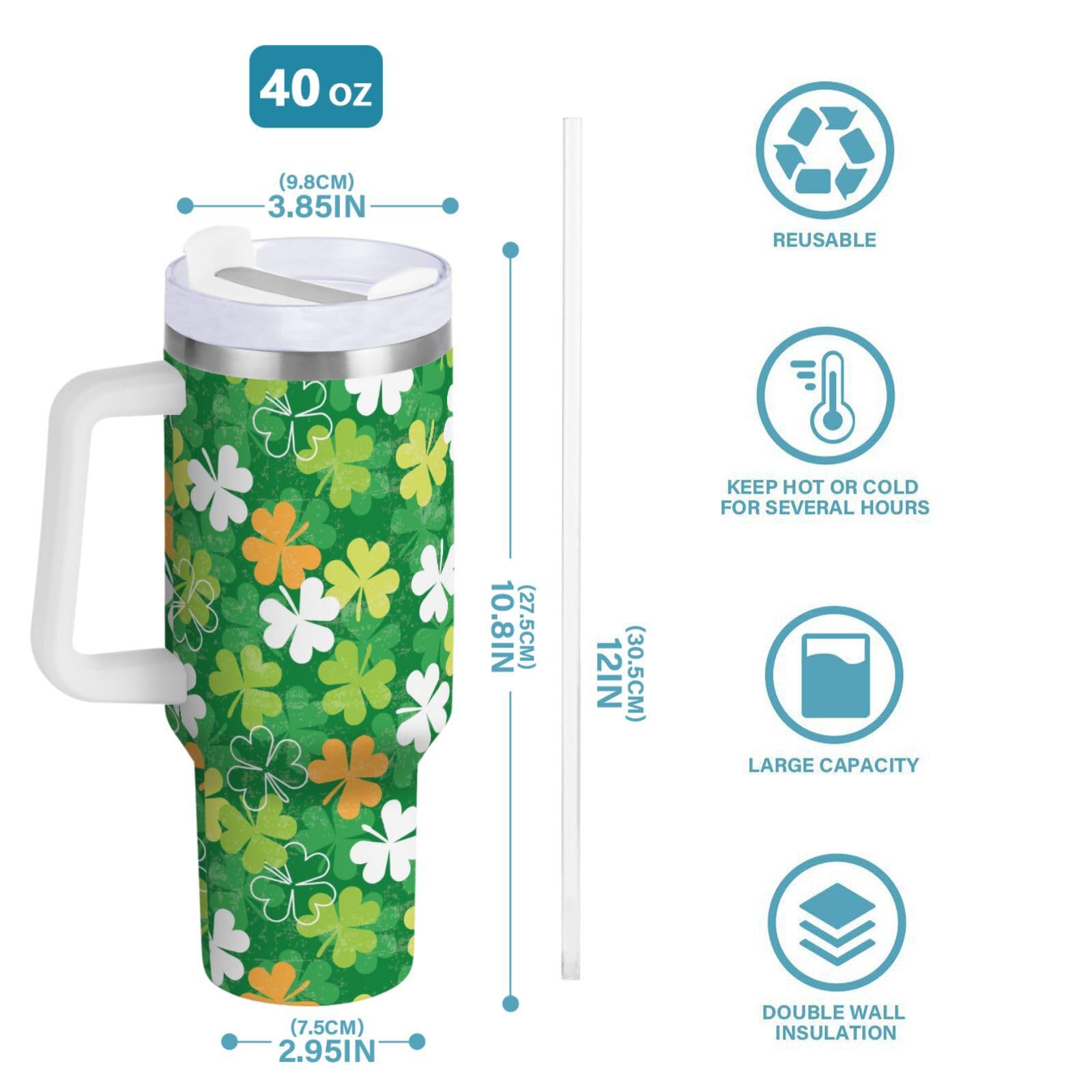 Bseiialft 40 oz Tumbler with Handle St Patrick's Day Shamrock Clovers Water Bottle with Lid and Straw Vacuum Insulated Cup Stainless Steel Travel Coffee Mug for Home Office Car