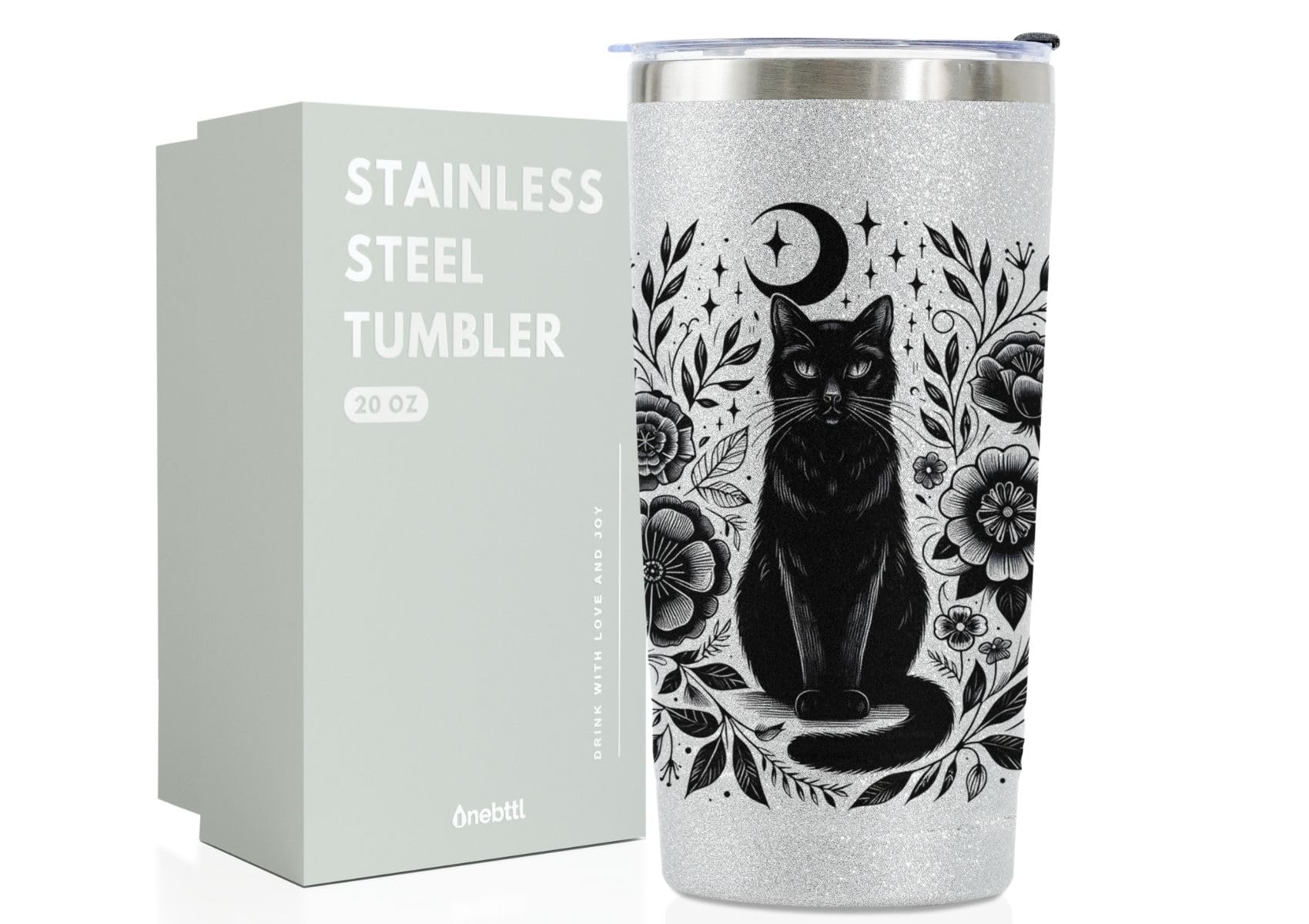 Onebttl Black Cat Gifts for Cat Lovers, Insulated Stainless Steel Tumblers with Lids and Straws, Witch gifts for Christmas, Glitter Silver, 20 oz, Gothic