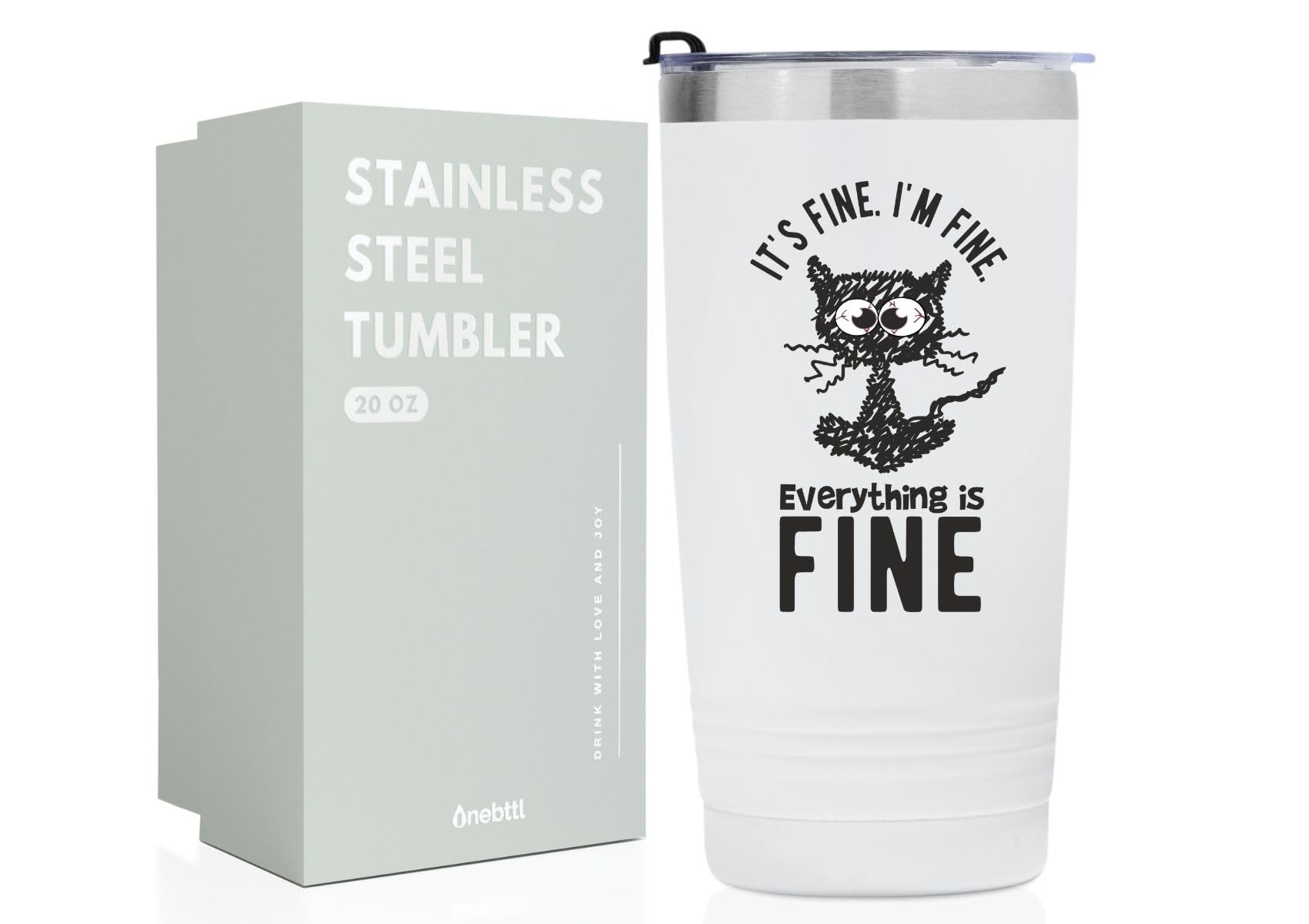 Onebttl Cat Gifts for Cat Lovers, Insulated Stainless Steel Tumblers with Lids and Straws, Funny gifts for Cat Mom, Dad on Birthday, Christmas, 20 oz, White, I'm Fine