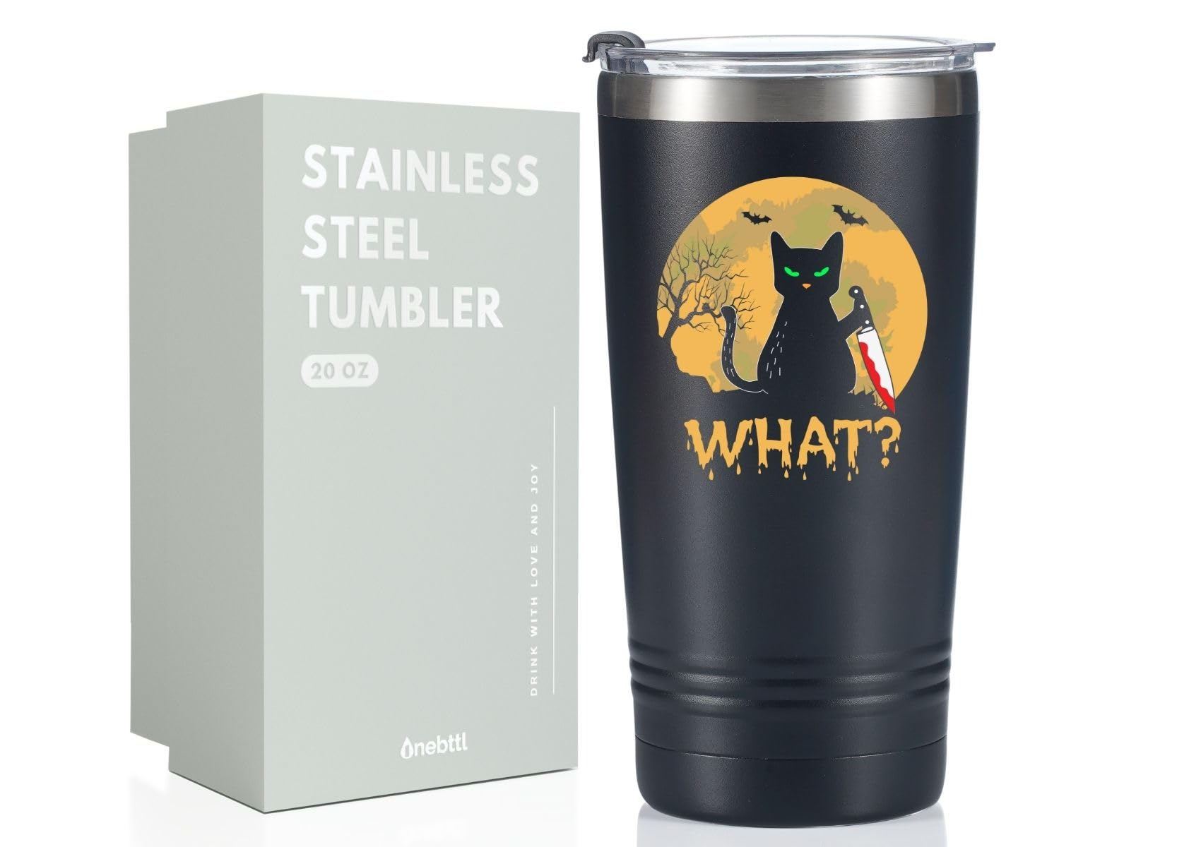 Onebttl Black Cat Gifts for Cat Lovers, Insulated Stainless Steel Tumblers with Lids and Straws, Funny gifts for Cat Mom, Dad on Birthday, Christmas, 20 oz, Black, What