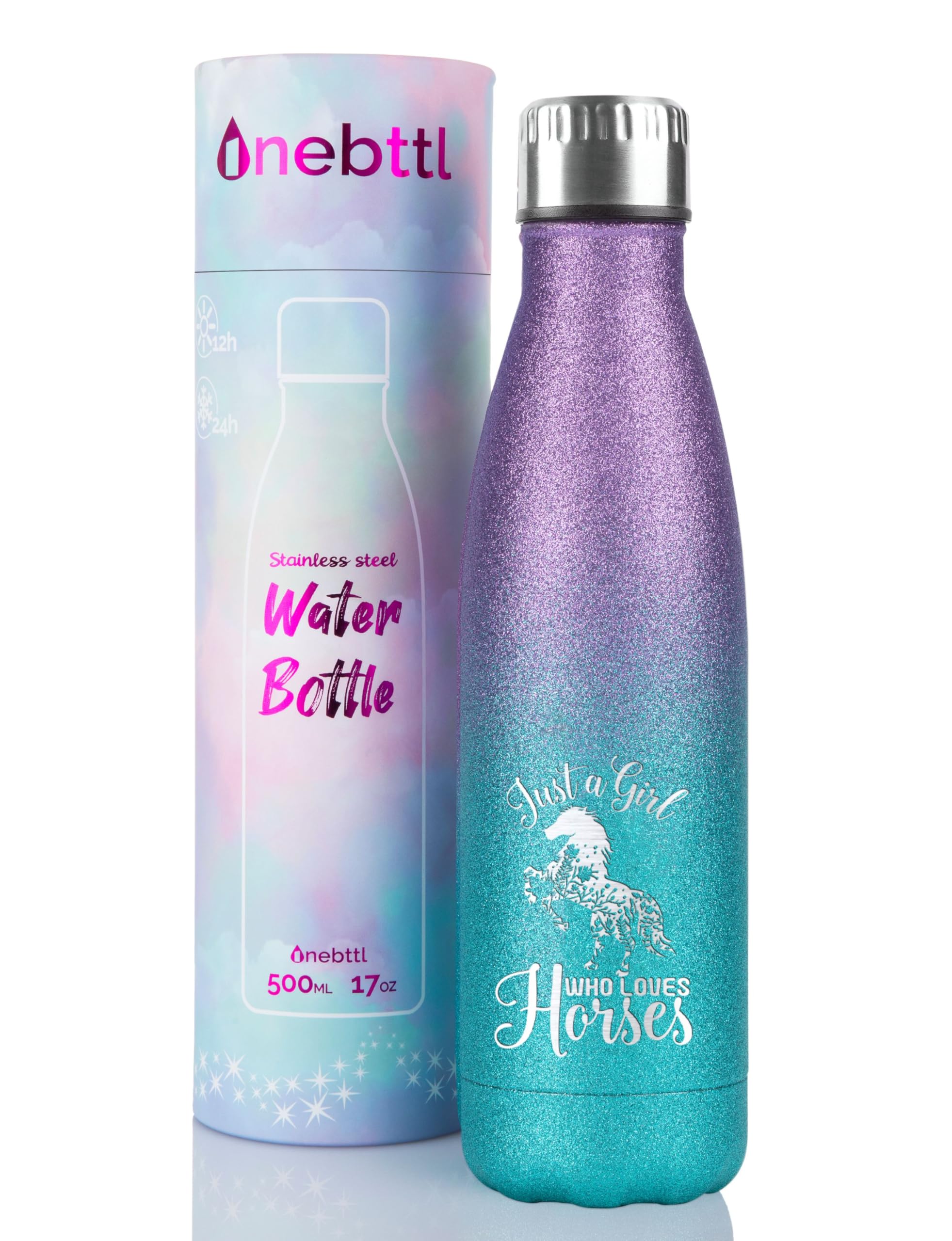 Onebttl Horse Gifts for Girls, Women, Insulated Stainless Steel Water Bottle, Horse Stuff for Equestrians, Cowgirls on Birthday, Christmas, Violet-Blue Glitter, Just a girl who loves horses