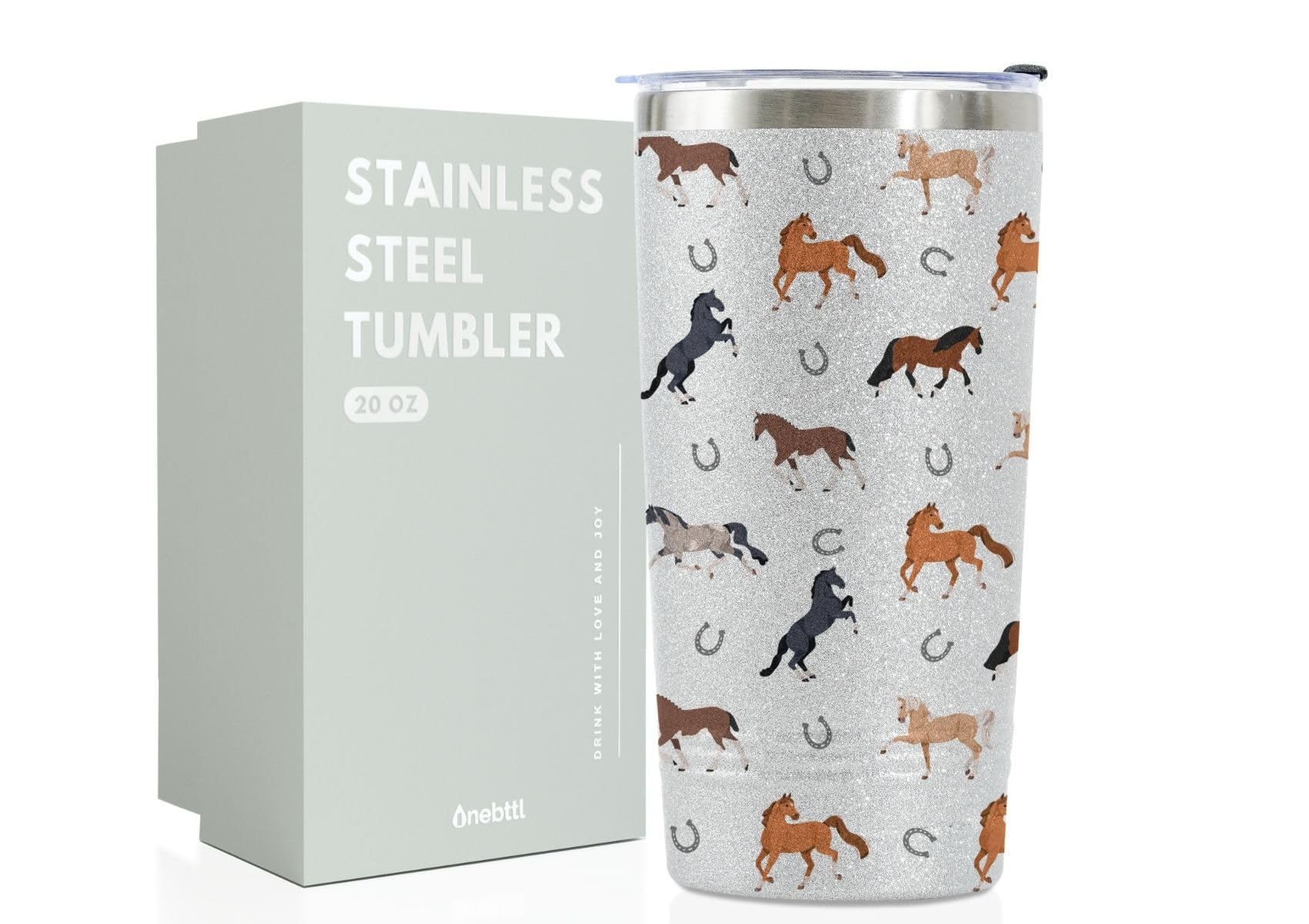 Onebttl Horse Gifts for Horse Lovers, Insulated Stainless Steel Tumbler with Lids and Straws, Western Gifts for Equestrian Girls, Women on Birthday, Christmas, 20 oz, Glitter Silver