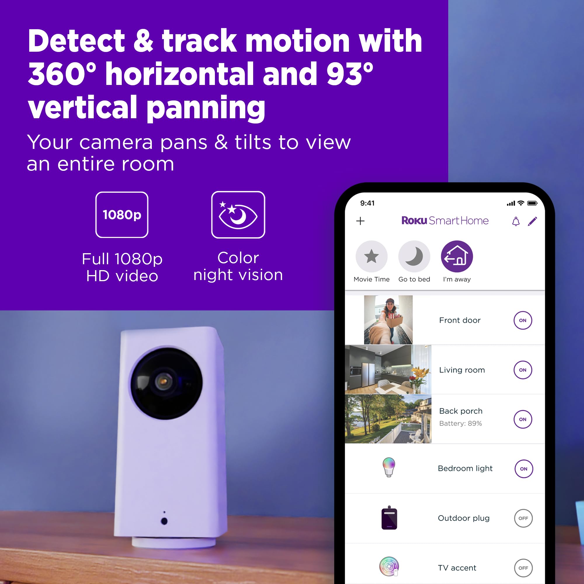 Roku Indoor Camera 360° for Home Security - Security Camera with 1080p HD Color Night Vision, Compatible with Alexa & Google, Motion Detection & Tracking - Pan & Tilt (Renewed)