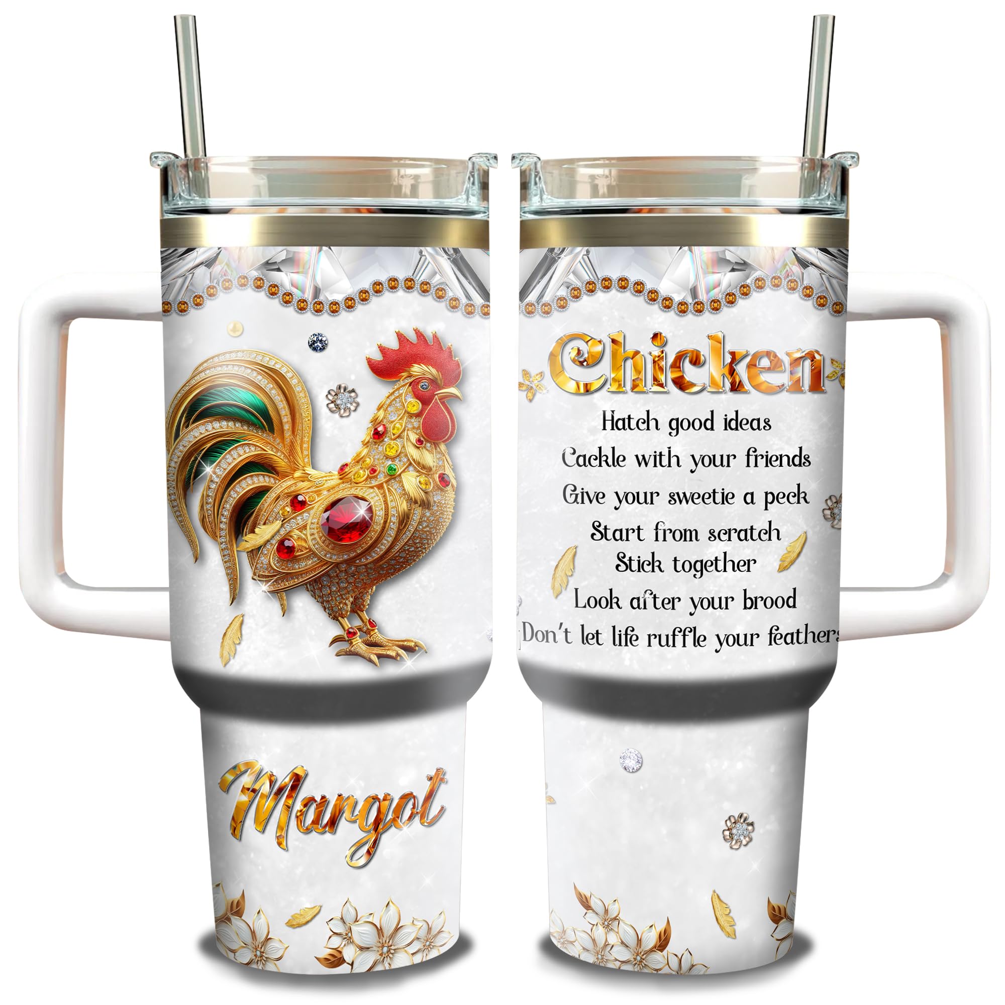WAZONE Personalized A Chicken Tumbler 40oz with Handle and Straw Stainless Steel Jewelry Style Hen Rooster For Chickens Lovers Men Women Poultry Custom Gift Farm Animal
