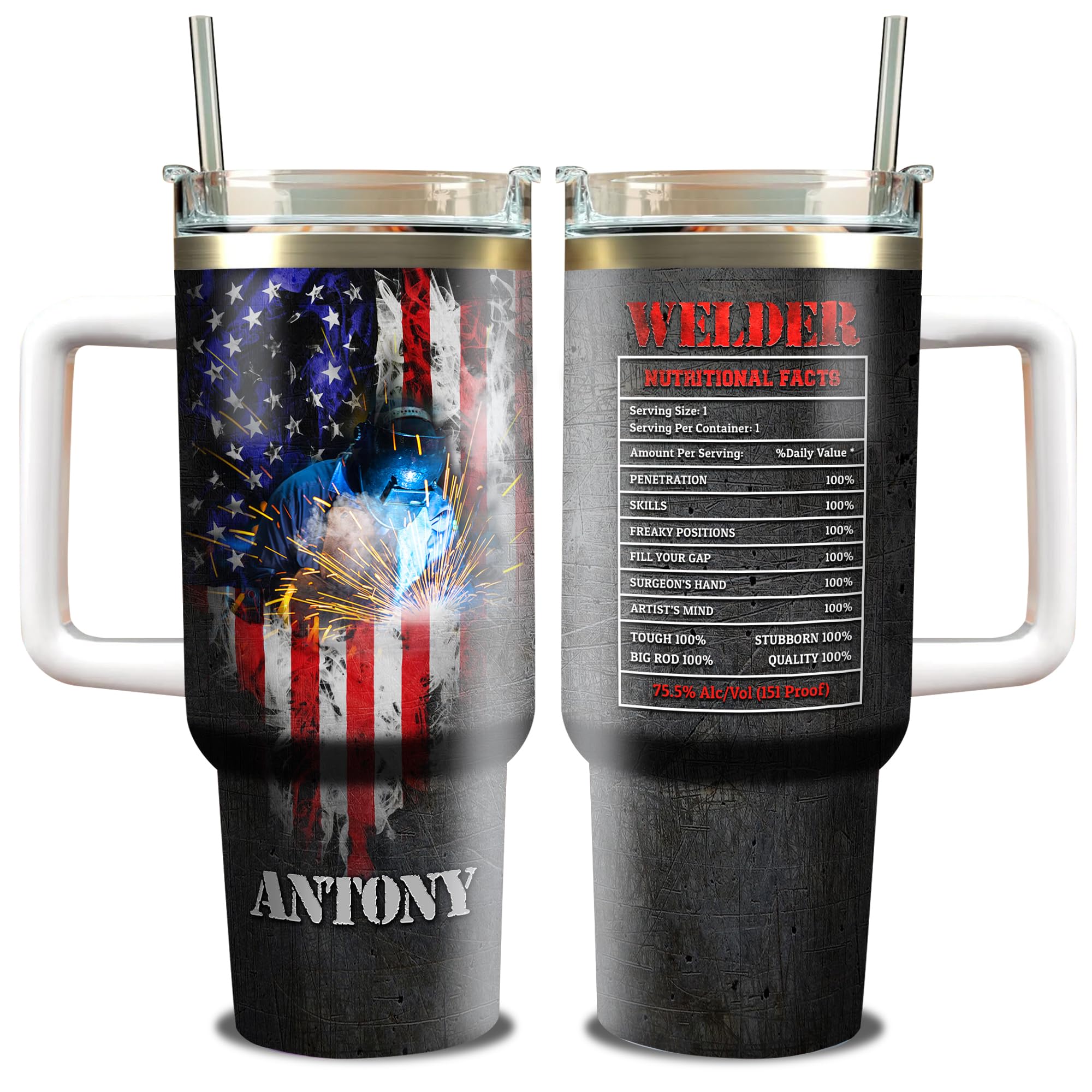 WAZONE Personalized Welder Tumbler Nutrition Facts Tumbler 40oz with Handle and Straw Stainless Steel American Flag Pride Gifts Birthday Christmas Fathers Day for Men Welders Women Dad Grandpa