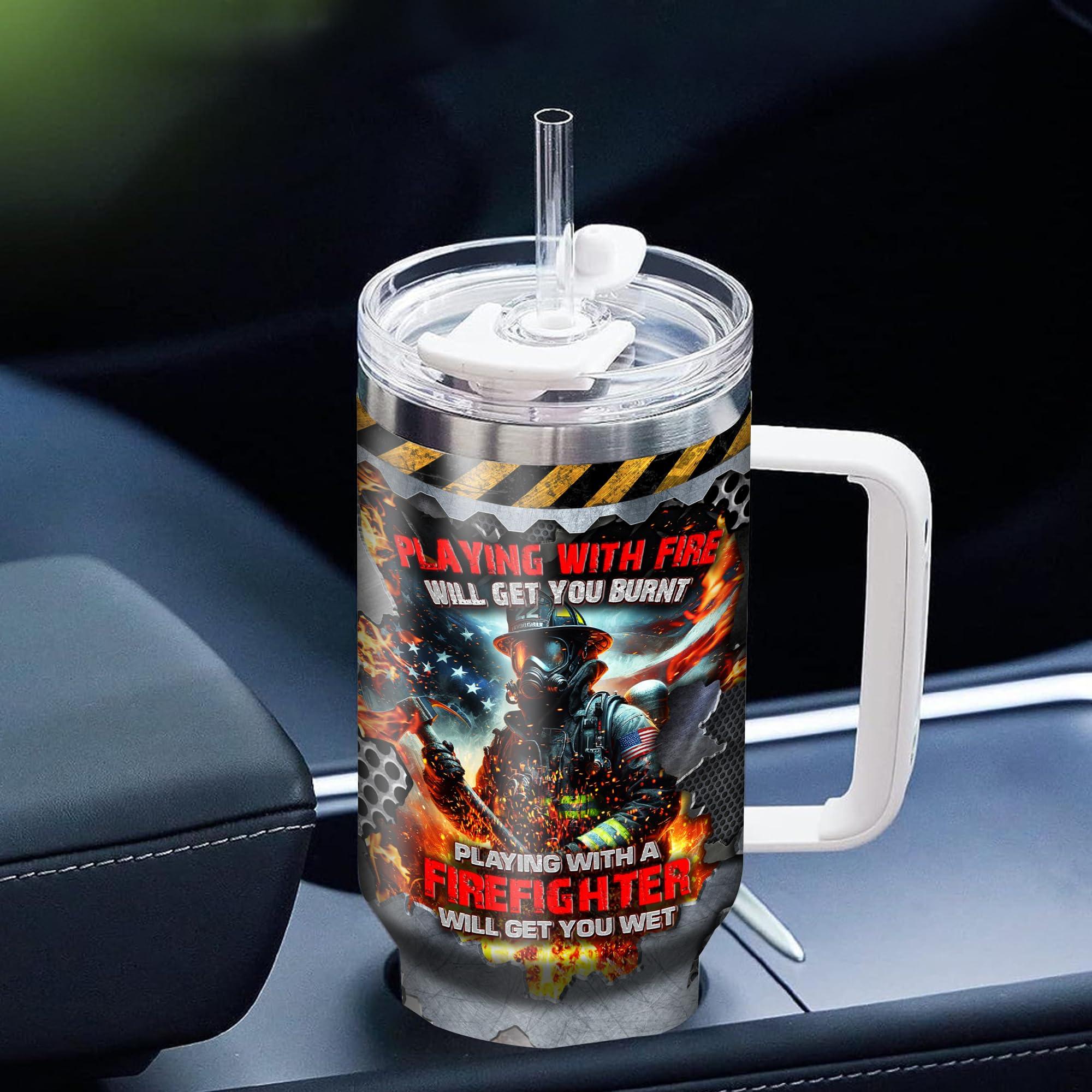 WAZONE Personalized Firefighter 40oz Tumbler with Handle and Straw Lid Custom Name Stainless Steel Insulated Cup American Flag Travel Coffee Mug Gifts For Firefighters Fireman Husband