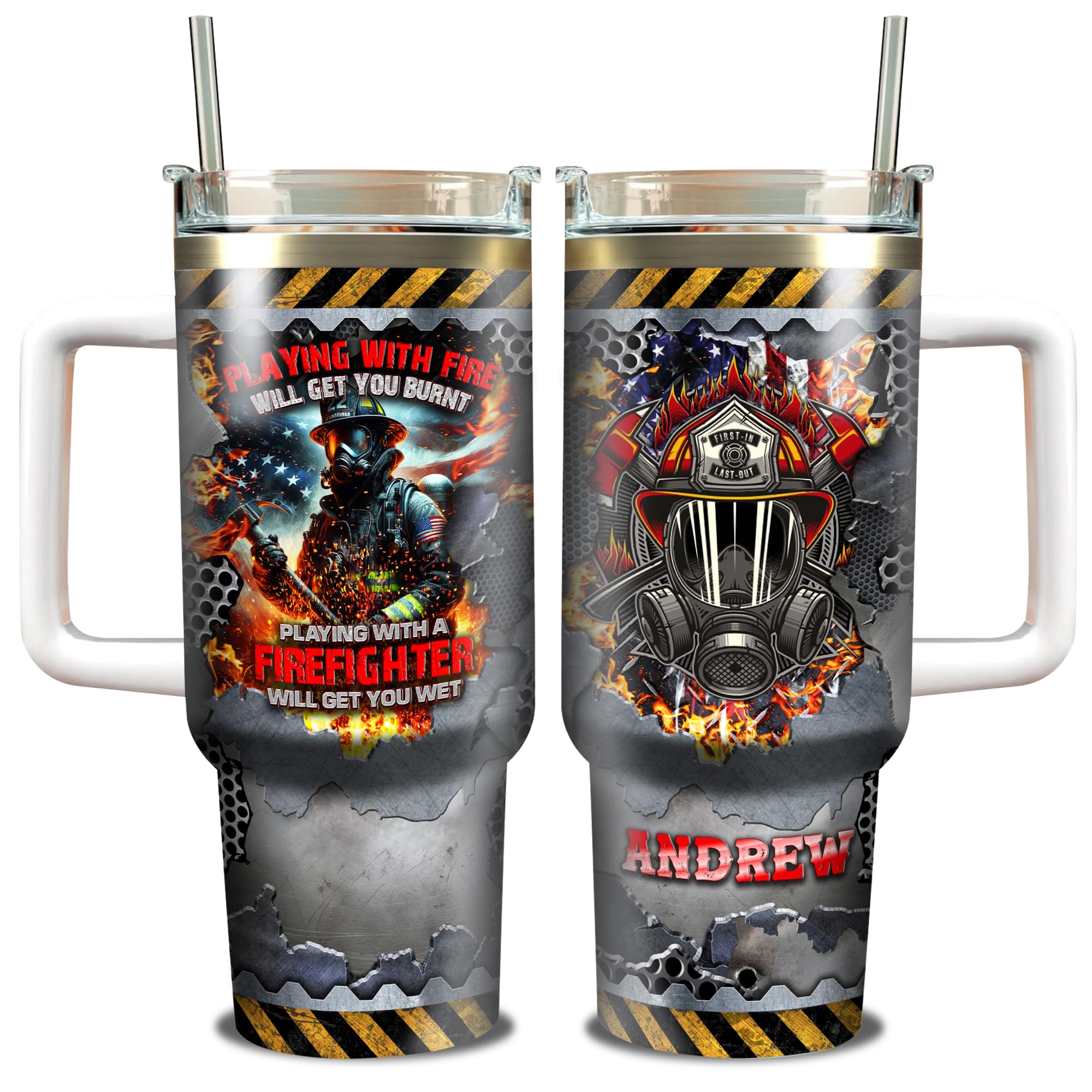 WAZONE Personalized Firefighter 40oz Tumbler with Handle and Straw Lid Custom Name Stainless Steel Insulated Cup American Flag Travel Coffee Mug Gifts For Firefighters Fireman Husband