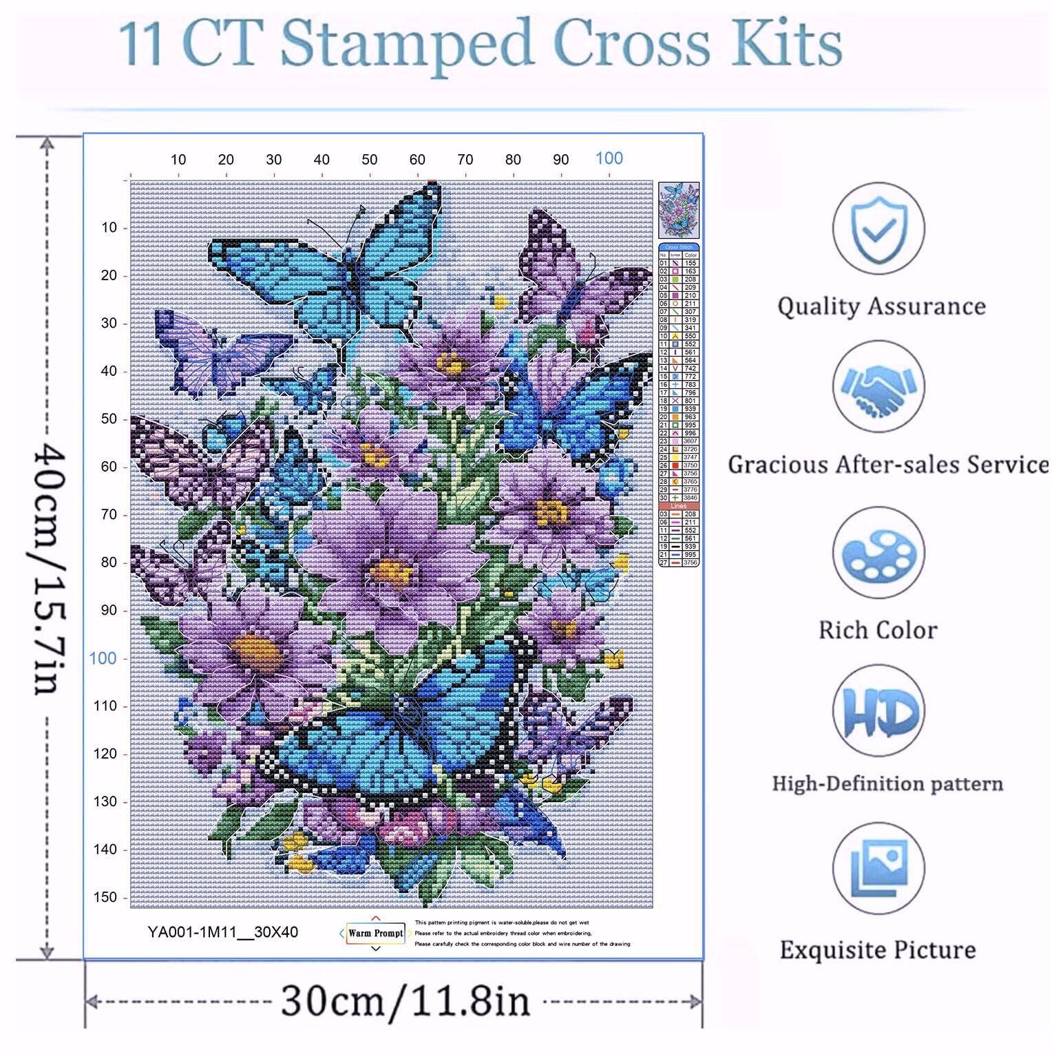 Baipisan Cross Stitch Kits for Adults - Butterfly Stamped Crossstitching Kits Preprinted 11 Count Cross-Stitch Kit for Beginner, 11CT Prestamped Easy Pattern Needlepoint Kits Crafts for Decor