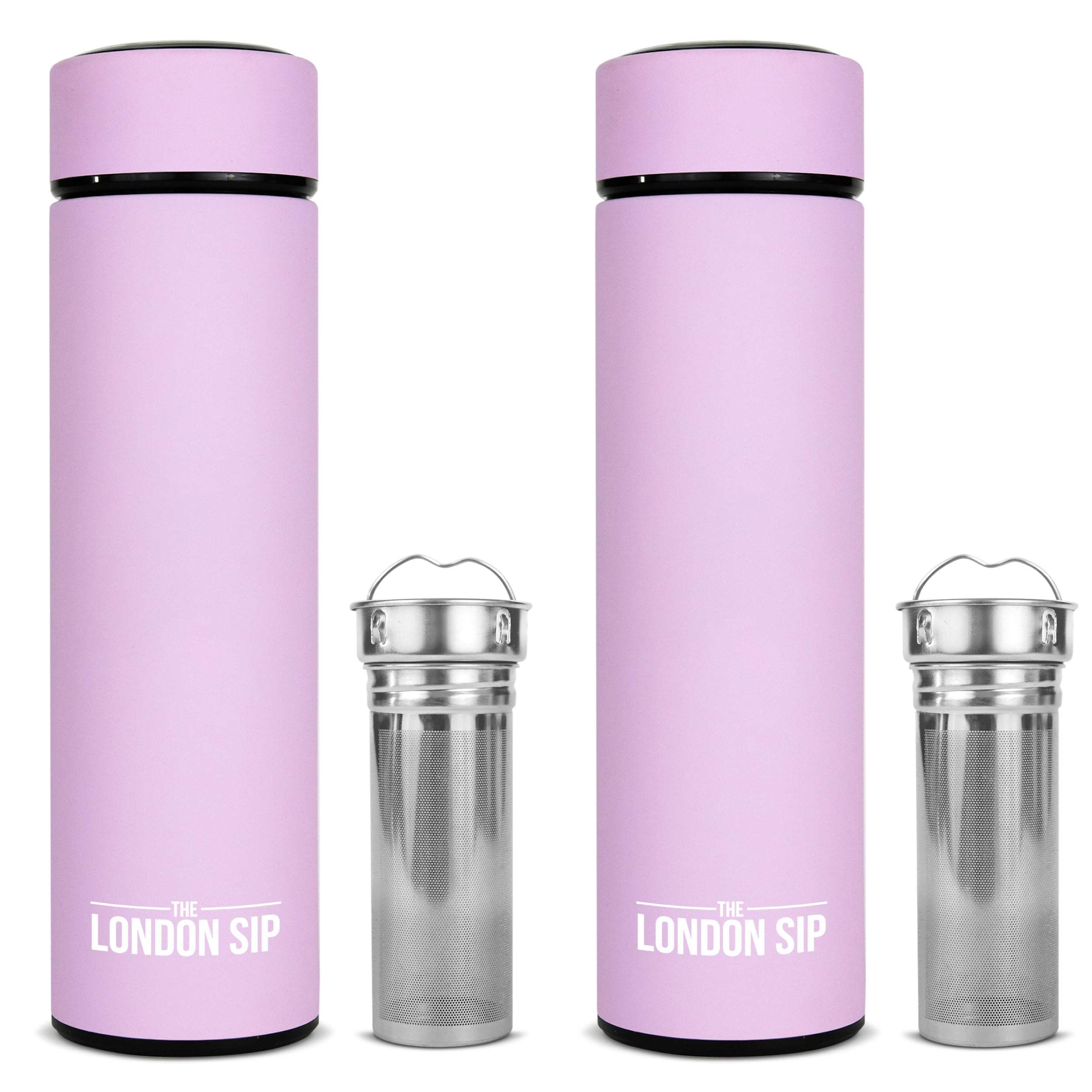 London Sip Multi-Purpose Travel Mug and Tumbler Fruit Infused Flask Hot and Cold Double Wall Stainless Steel Thermos with Extra-Long Infuser, Gentle Lilac, Pack of 2