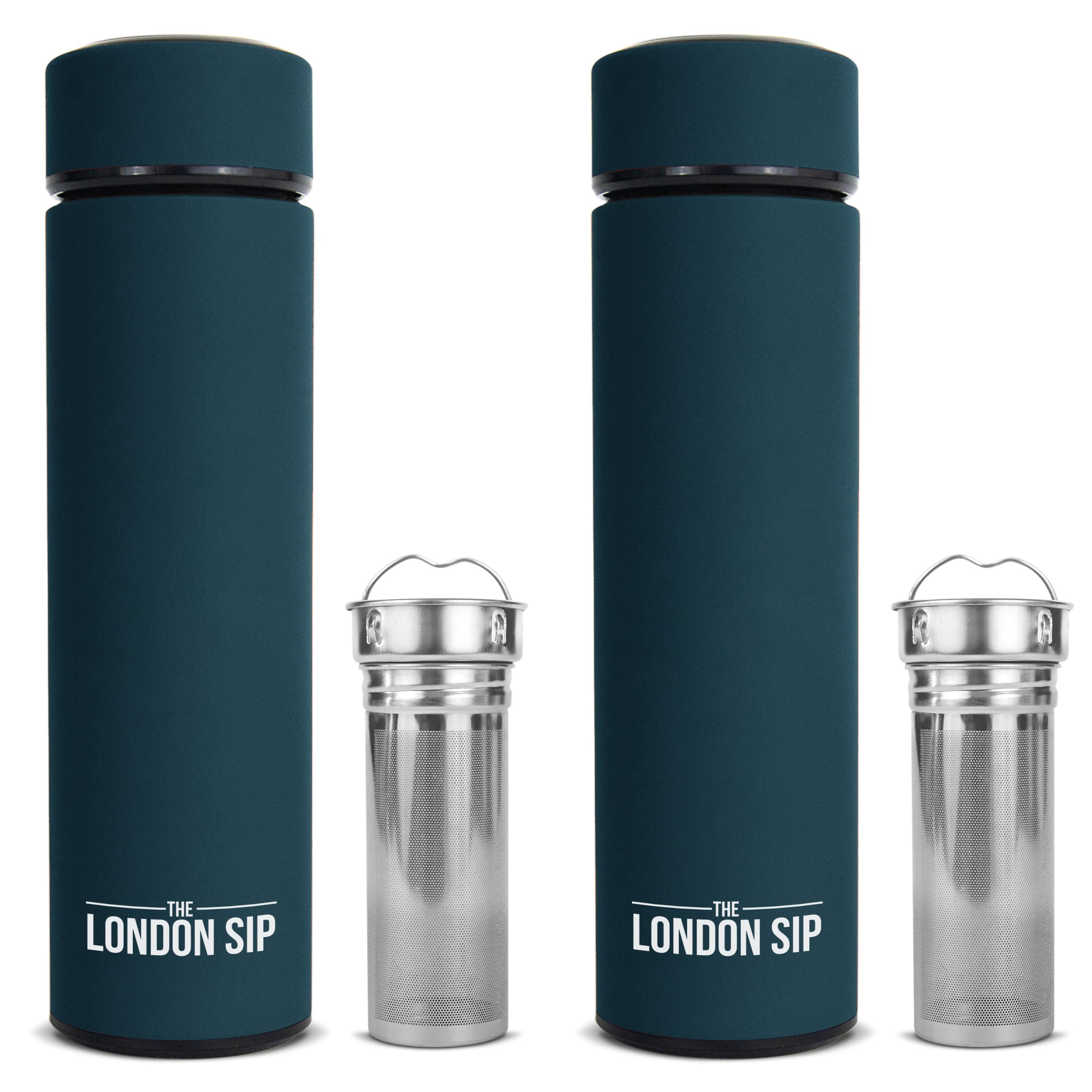 London Sip Multi-Purpose Travel Mug and Tumbler Fruit Infused Flask Hot and Cold Double Wall Stainless Steel Thermos with Extra-Long Infuser, Midnight Teal, Pack of 2