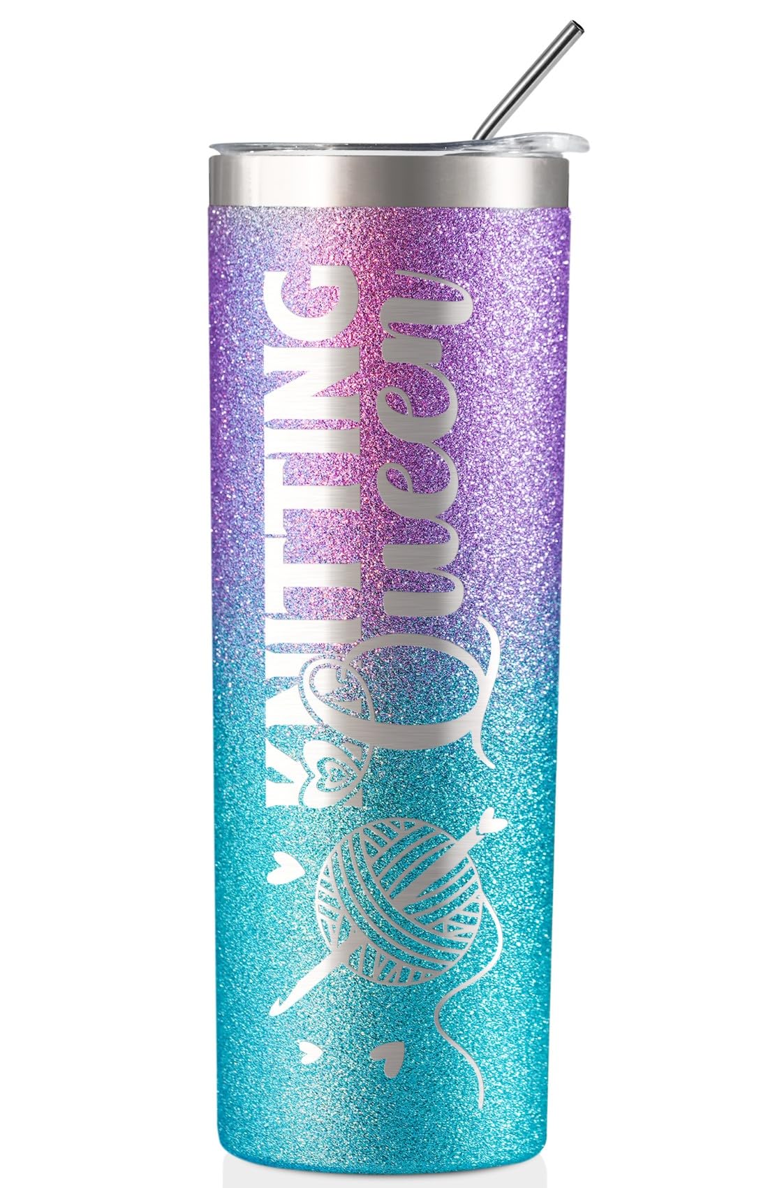 Onebttl Knitting Gifts for Women, Crochet Lovers - Knitting Queen - 20oz/590ml Stainless Steel Insulated Tumbler with Straw & Lid, Crochet Gift for Birthday, Christmas (Glitter Purple Blue)