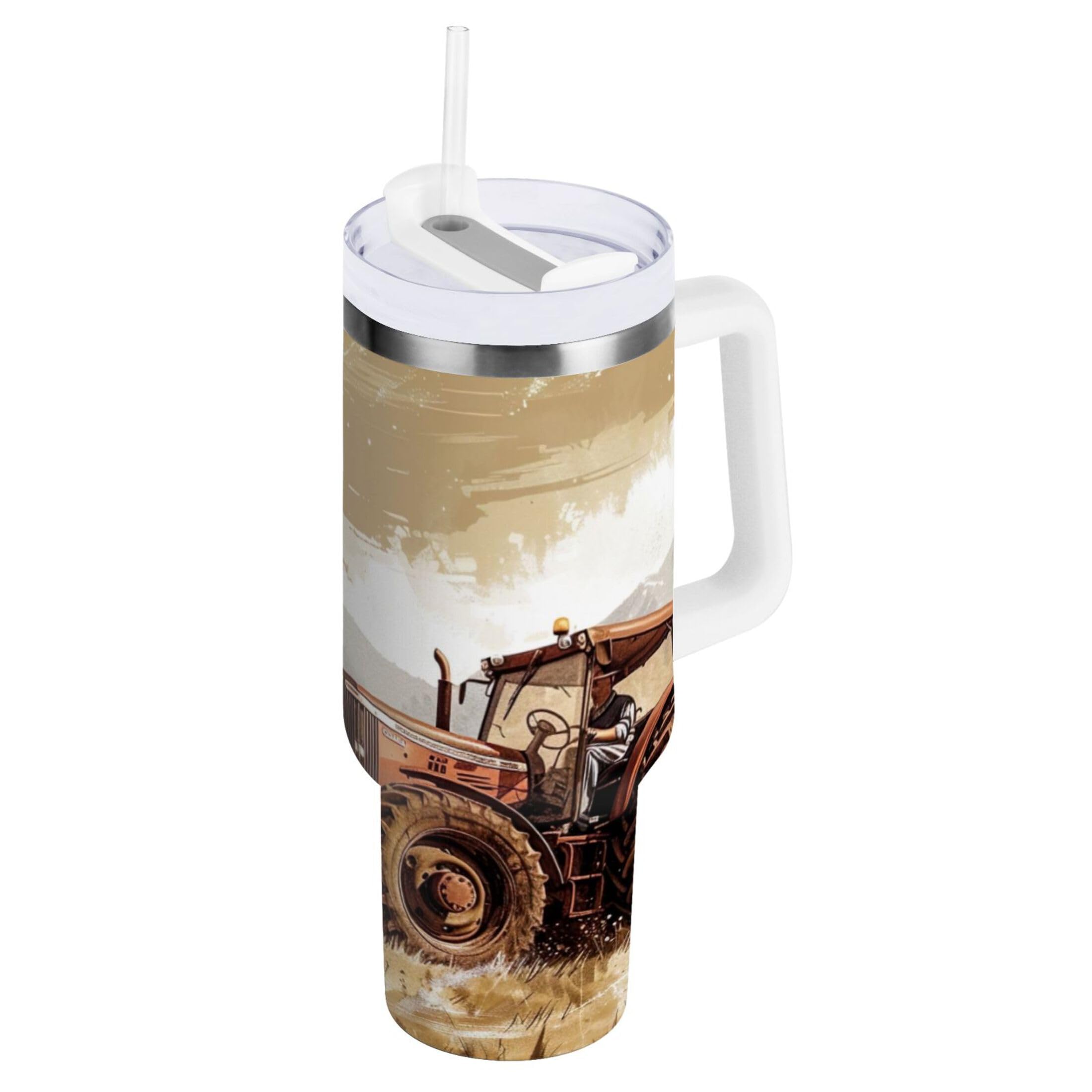 Kigai 40 oz Farmer Driving A Tractor Tumbler with Handle and Straw Lid, Insulated Cup Reusable Stainless Steel Water Bottle Travel Mug for Water, Iced Tea or Coffee