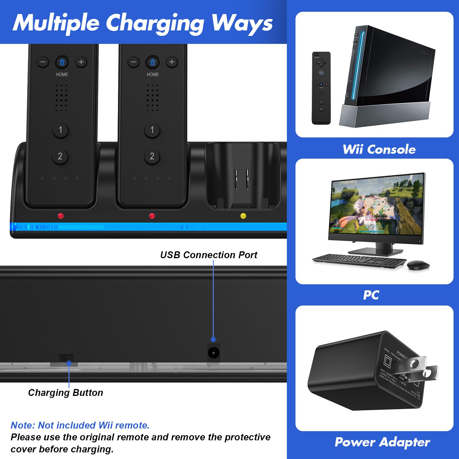 Remote Controller Charger for Wii/Wii U With 4 Pack 2800mAh Rechargeable Battery Pack, 4 Port Charging Station for Controller, Remotes Not Included