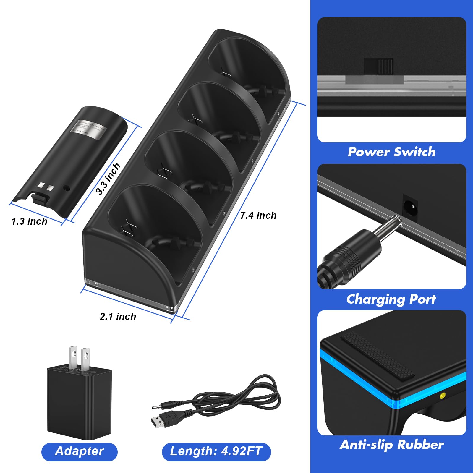 Remote Controller Charger for Wii/Wii U With 4 Pack 2800mAh Rechargeable Battery Pack, 4 Port Charging Station for Controller, Remotes Not Included