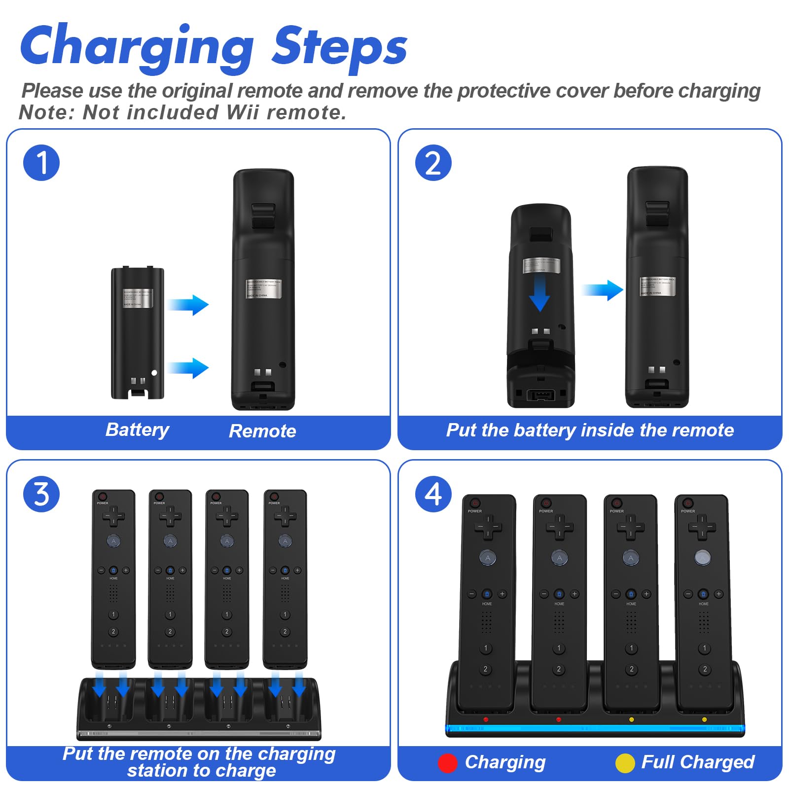 Remote Controller Charger for Wii/Wii U With 4 Pack 2800mAh Rechargeable Battery Pack, 4 Port Charging Station for Controller, Remotes Not Included