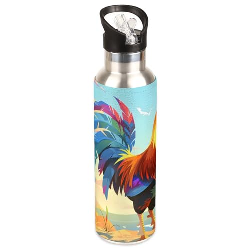 Rooster Animal Water Bottle 20 oz Insulated Thermos With Lid Stainless Steel Bottle Circle Sports Water Bottles Keep Hot Cold Leakproof Vacuum Water Flask