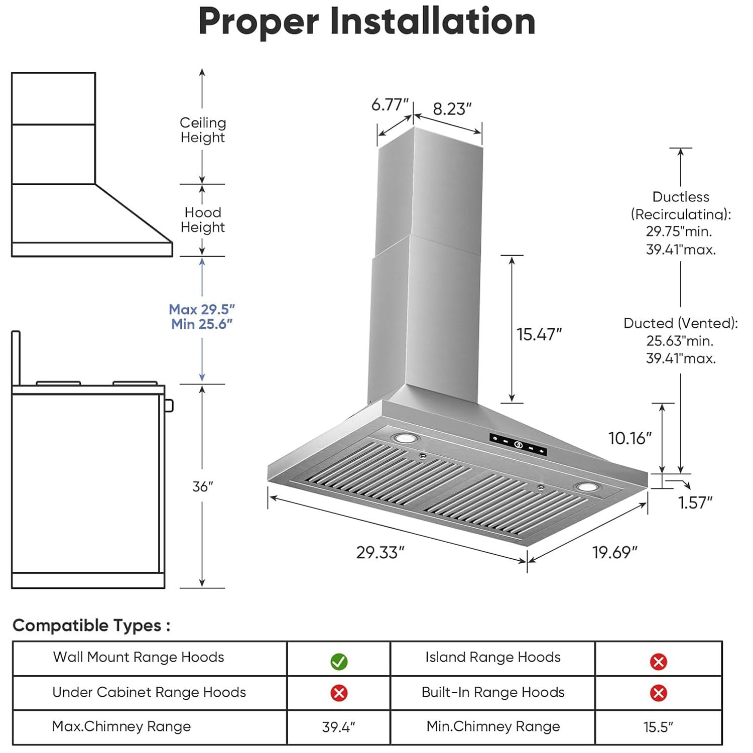 VIKIO HOME Wall Mount Range Hood 30 inch, 580 CFM, Ducted/Ductless Convertible, Stainless Steel Kitchen Vent Hood with 3-Speed Fan and LED Lights