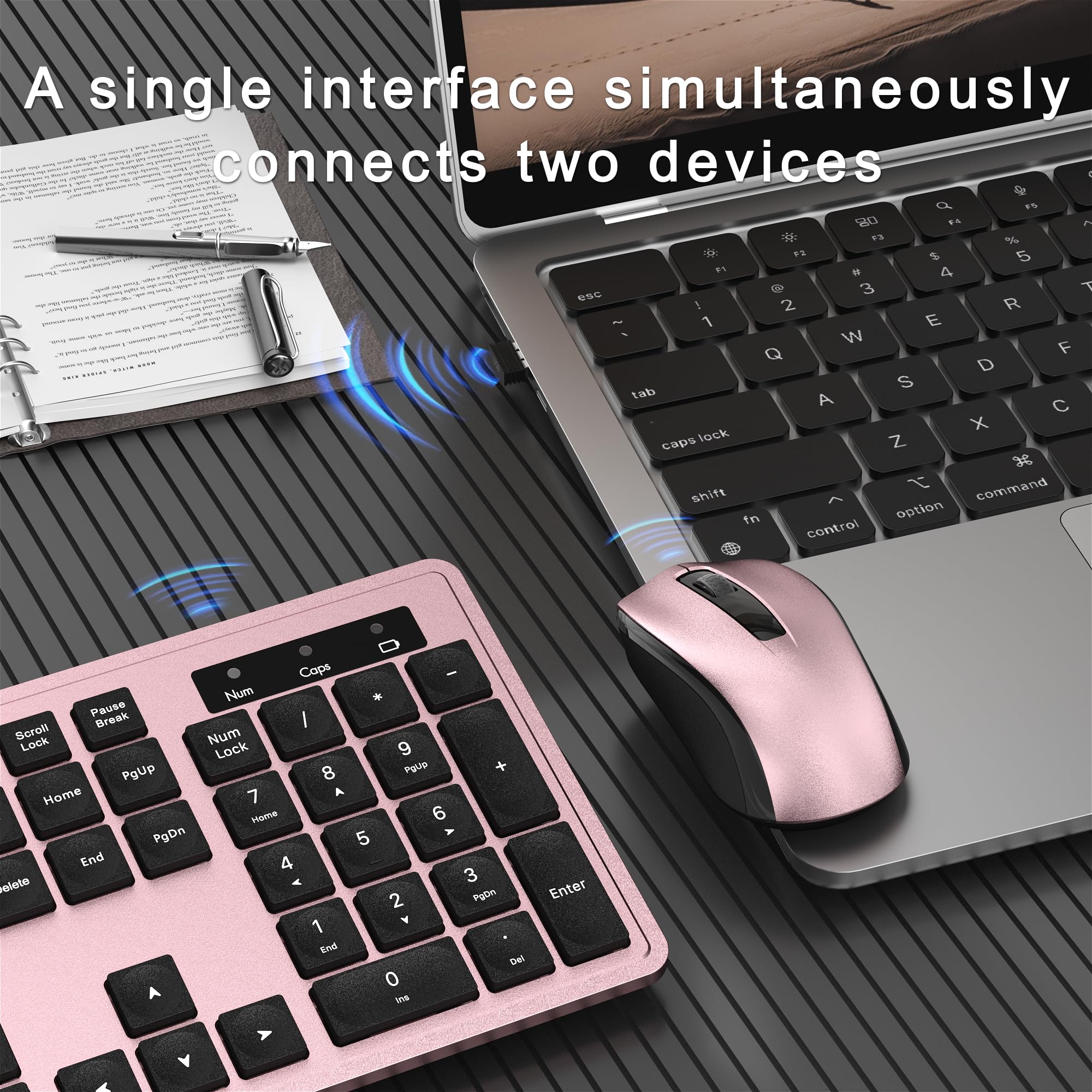 MPTOG Wireless Keyboard and Mouse Combo, Full-Size 104-Key Office Keyboard with 15 Function Keys, Numeric Keypad, Single USB Receiver, Compatible with PC and Laptop(Pink)
