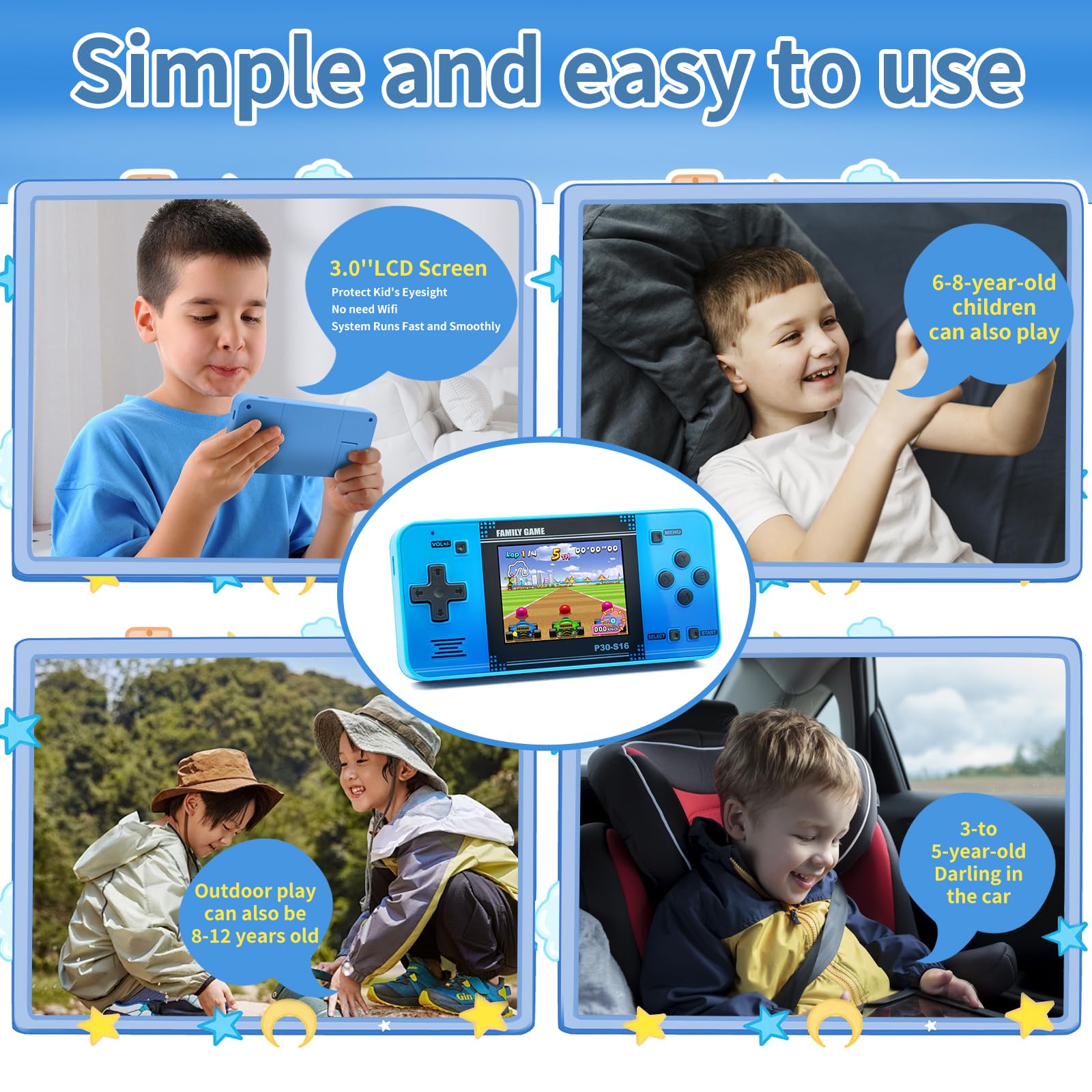 Handheld Game for Kids -Preloaded 220 Retro Video Games, Portable Gaming Player with Rechargeable Battery 3.0" LCD Screen, Mini Arcade Electronic Toy Gifts for Boys Girls (Blue)