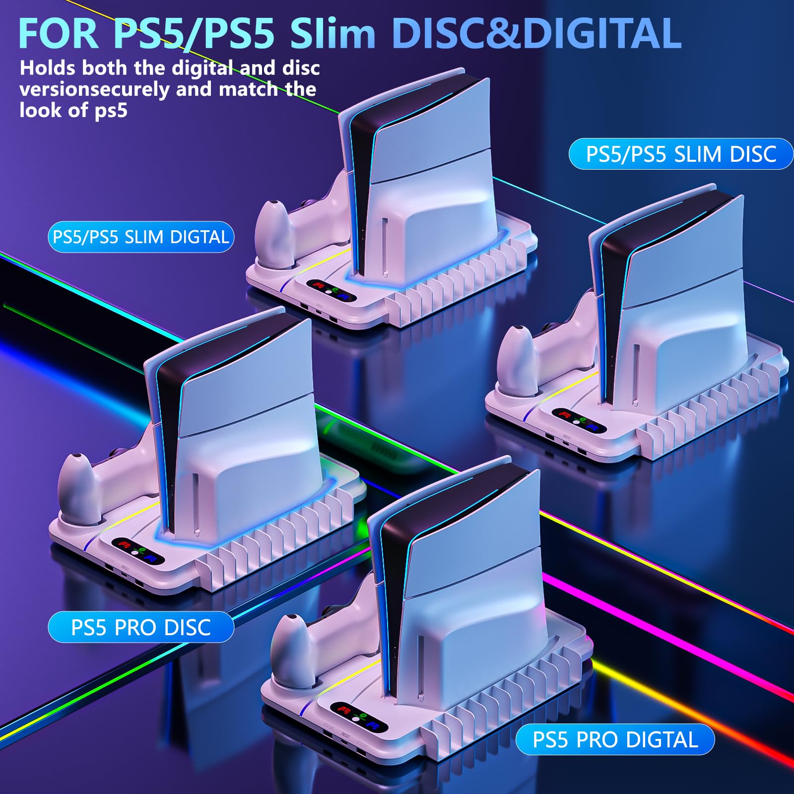 PS5 Pro Stand,PS 5 Cooling Station with Dual PS5 Controller Charger 3 Level Fan ,3 USB Hub Fast Charge drive 9 RGB Light hard ps5 Slim Stand for All Disc & Digital Console Playstation Vita Upgraded