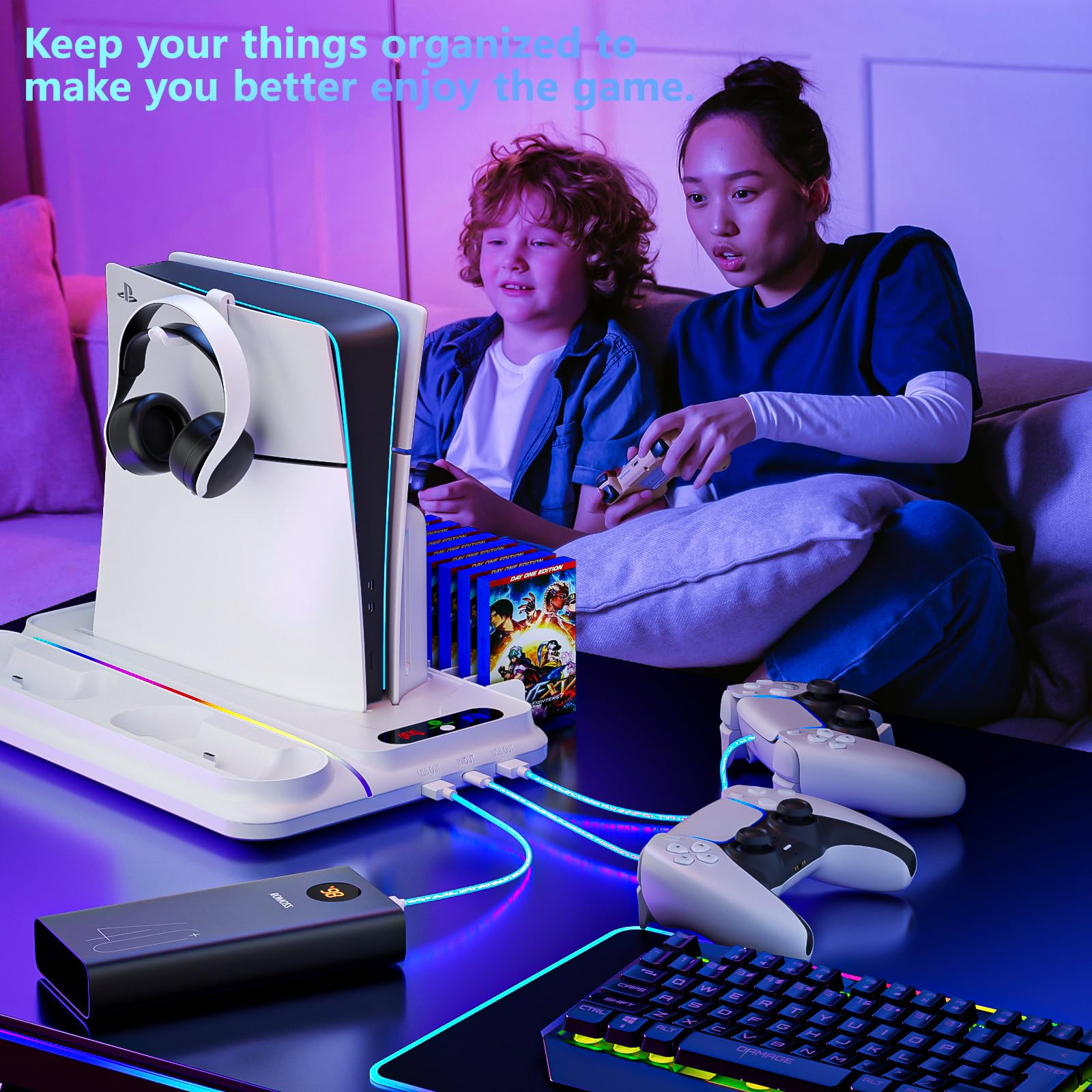 PS5 Pro Stand,PS 5 Cooling Station with Dual PS5 Controller Charger 3 Level Fan ,3 USB Hub Fast Charge drive 9 RGB Light hard ps5 Slim Stand for All Disc & Digital Console Playstation Vita Upgraded