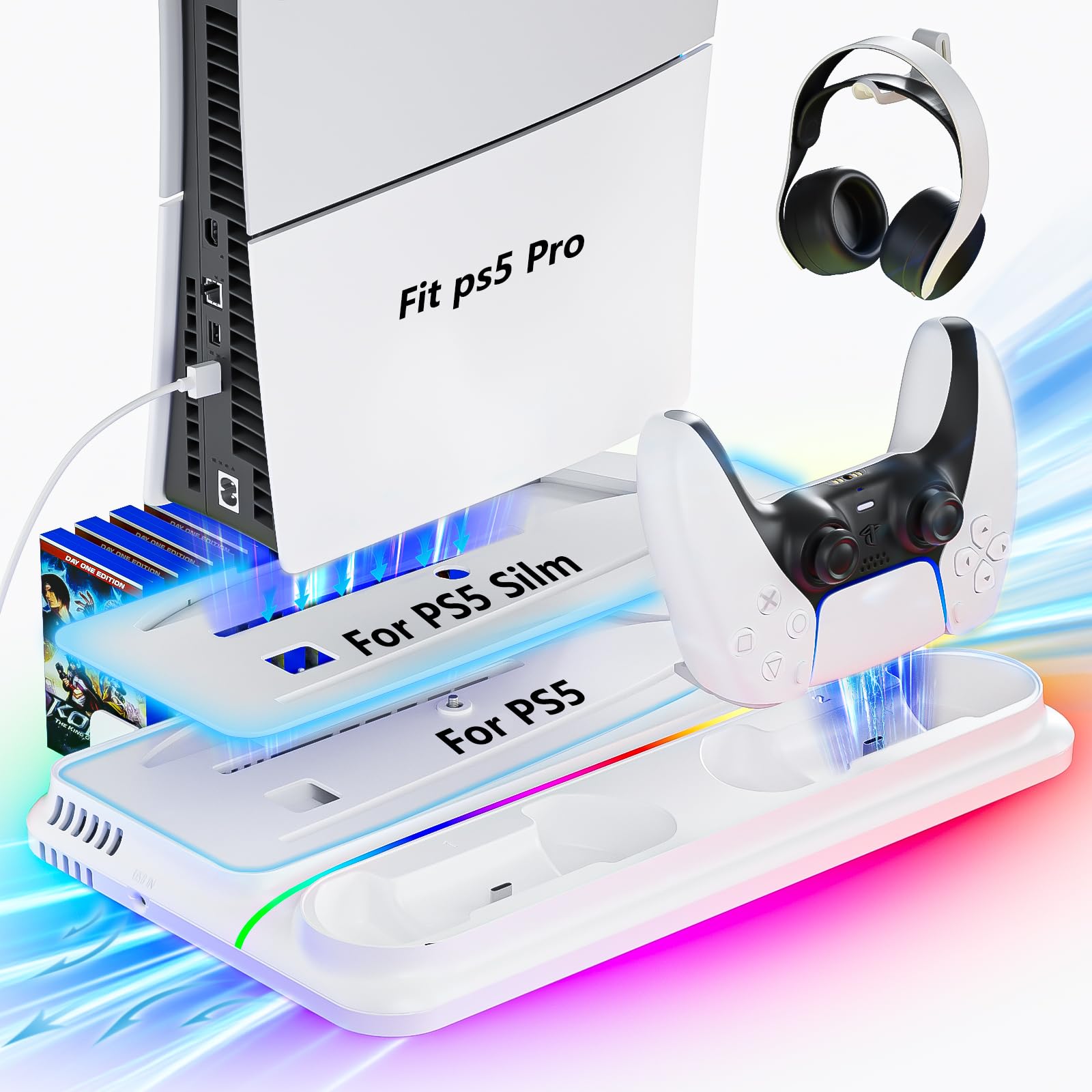 PS5 Pro Stand,PS 5 Cooling Station with Dual PS5 Controller Charger 3 Level Fan ,3 USB Hub Fast Charge drive 9 RGB Light hard ps5 Slim Stand for All Disc & Digital Console Playstation Vita Upgraded