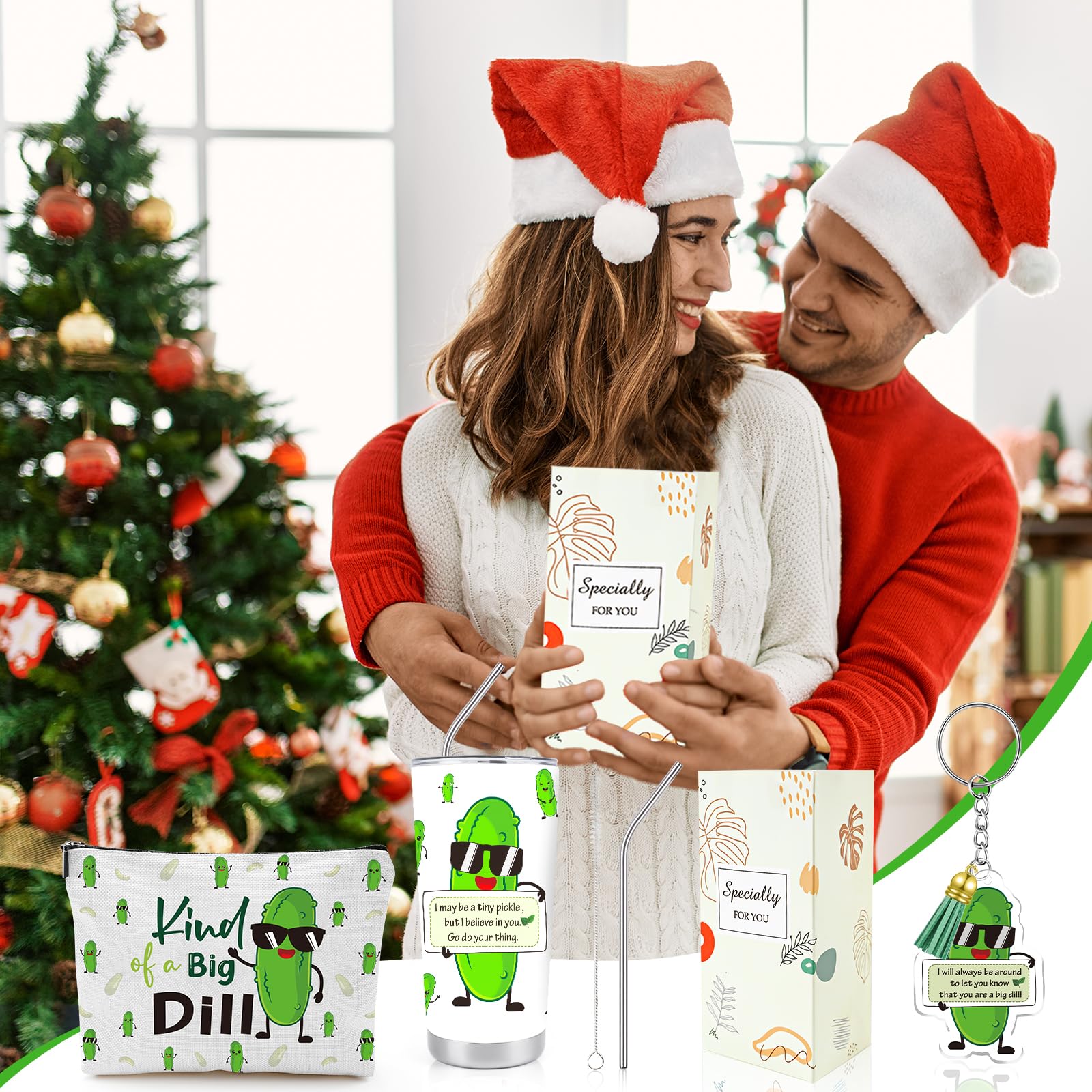 Keluna Pickle Gift for Pickle Lovers - 3Pcs Pickle Themed Gifts for Women, 20oz Funny Pickle Tumbler with Lid Straw Cucumber Makeup Bag Keychain for Women Girls Birthday Christmas Gifts Ideas